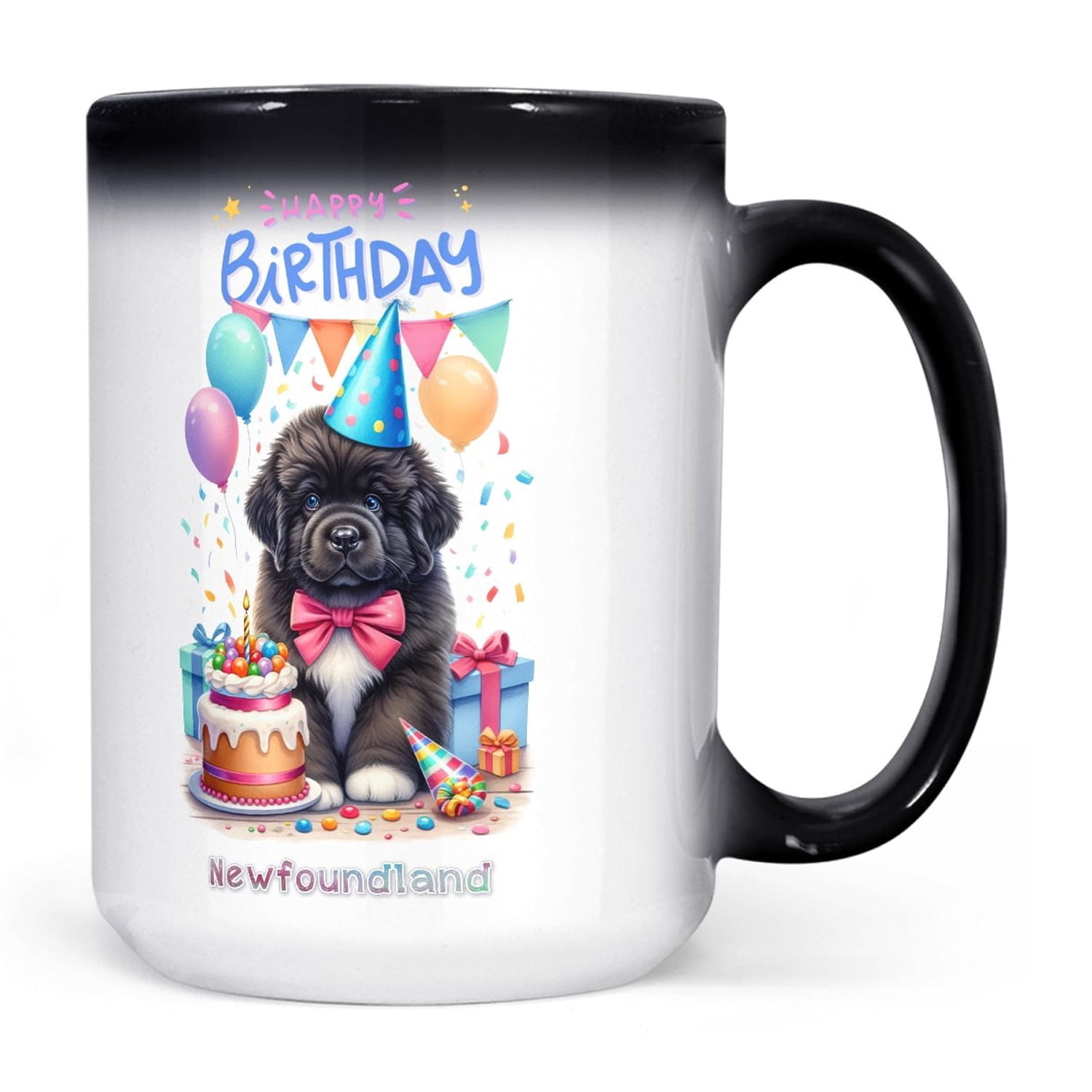 Happy Birthday Cute Puppy Newfoundland with Cake Gifts Party Hat Heat ...