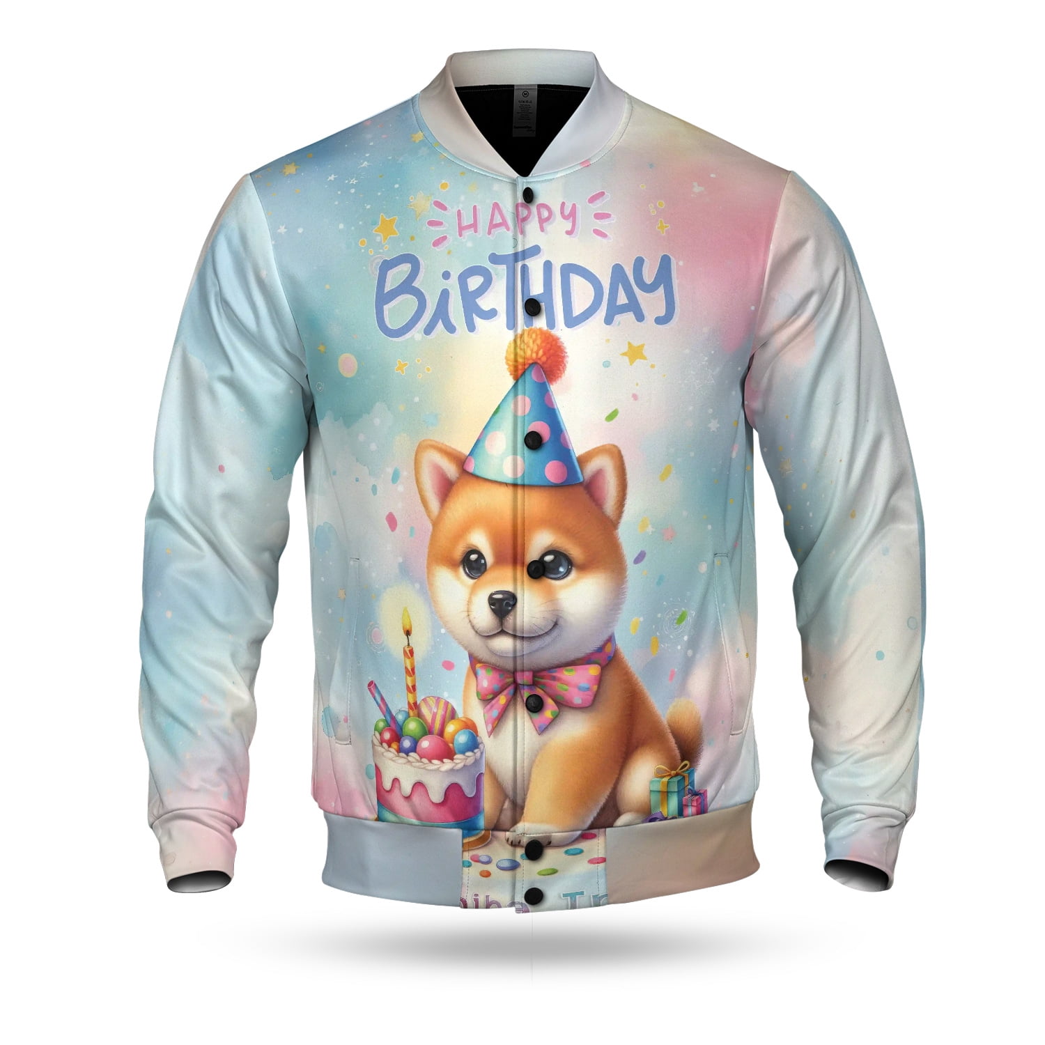 Happy Birthday Cute Puppy Shiba Inu with Cake Gifts Party Hat All Over ...