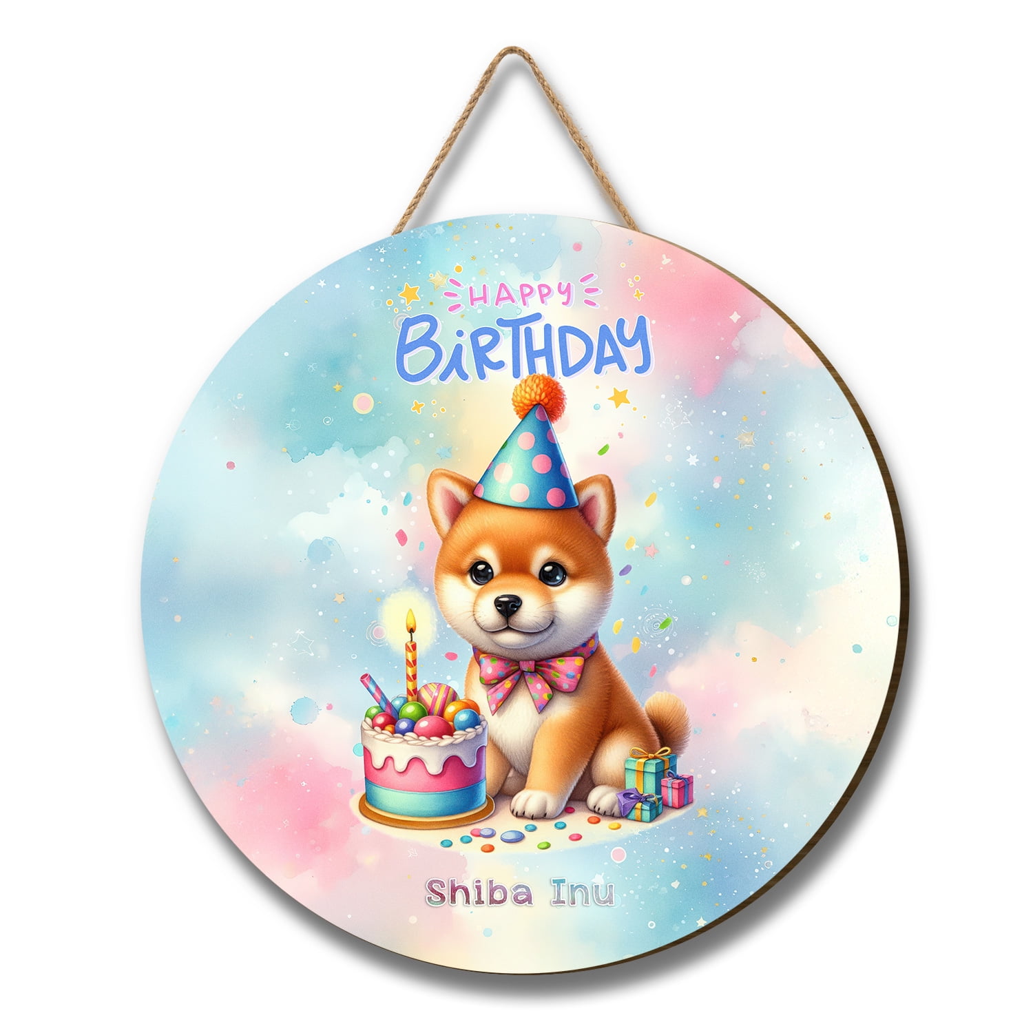 Happy Birthday Cute Puppy Shiba Inu with Cake Gifts Party Hat Round ...