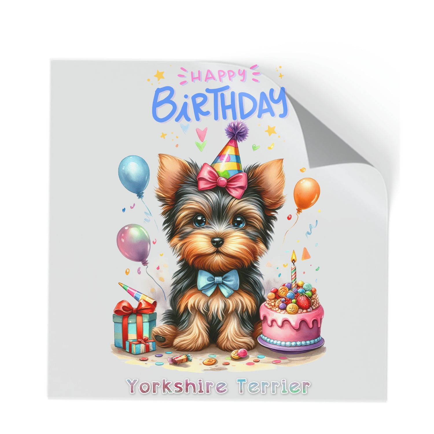 Happy Birthday Cute Puppy Yorkshire Terrier with Cake Gifts Party Hat ...