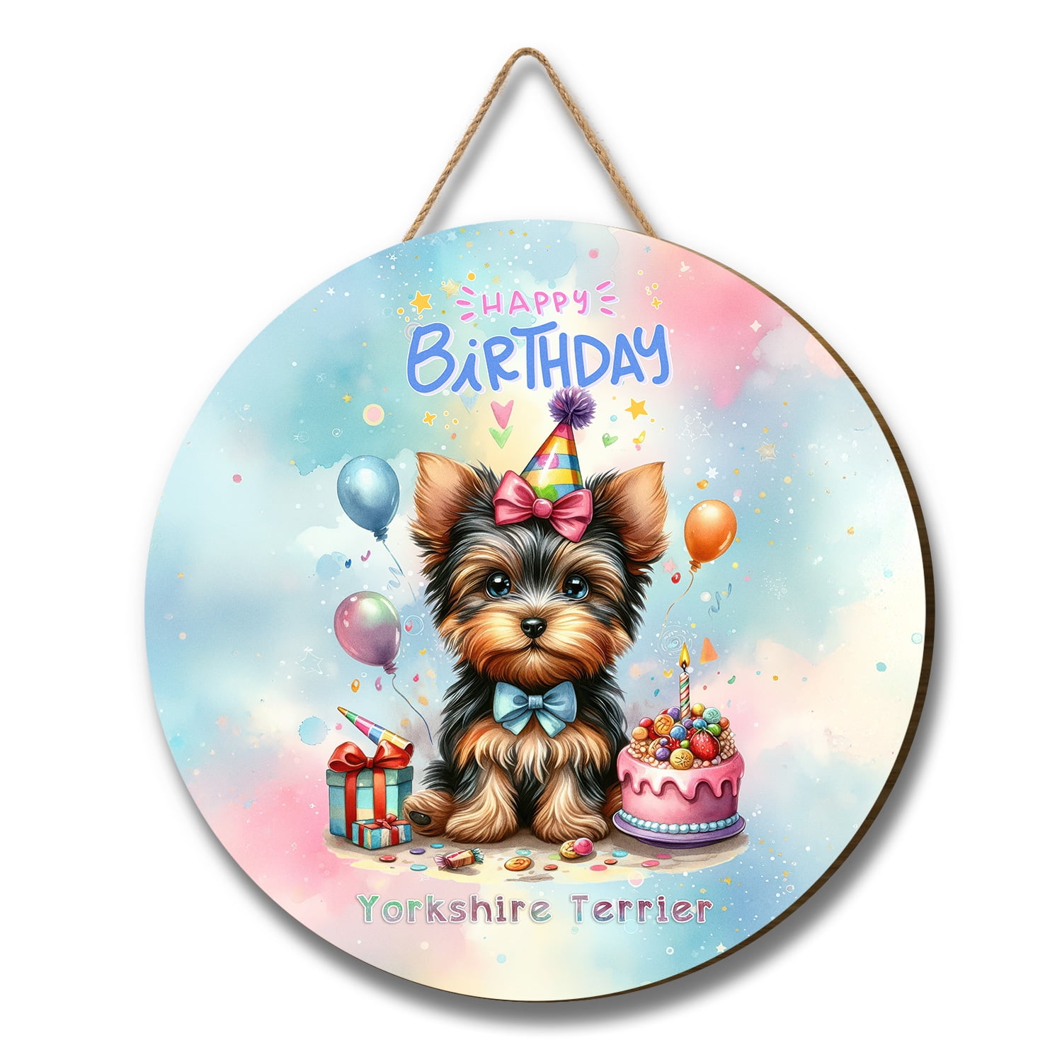 Happy Birthday Cute Puppy Yorkshire Terrier with Cake Gifts Party Hat ...