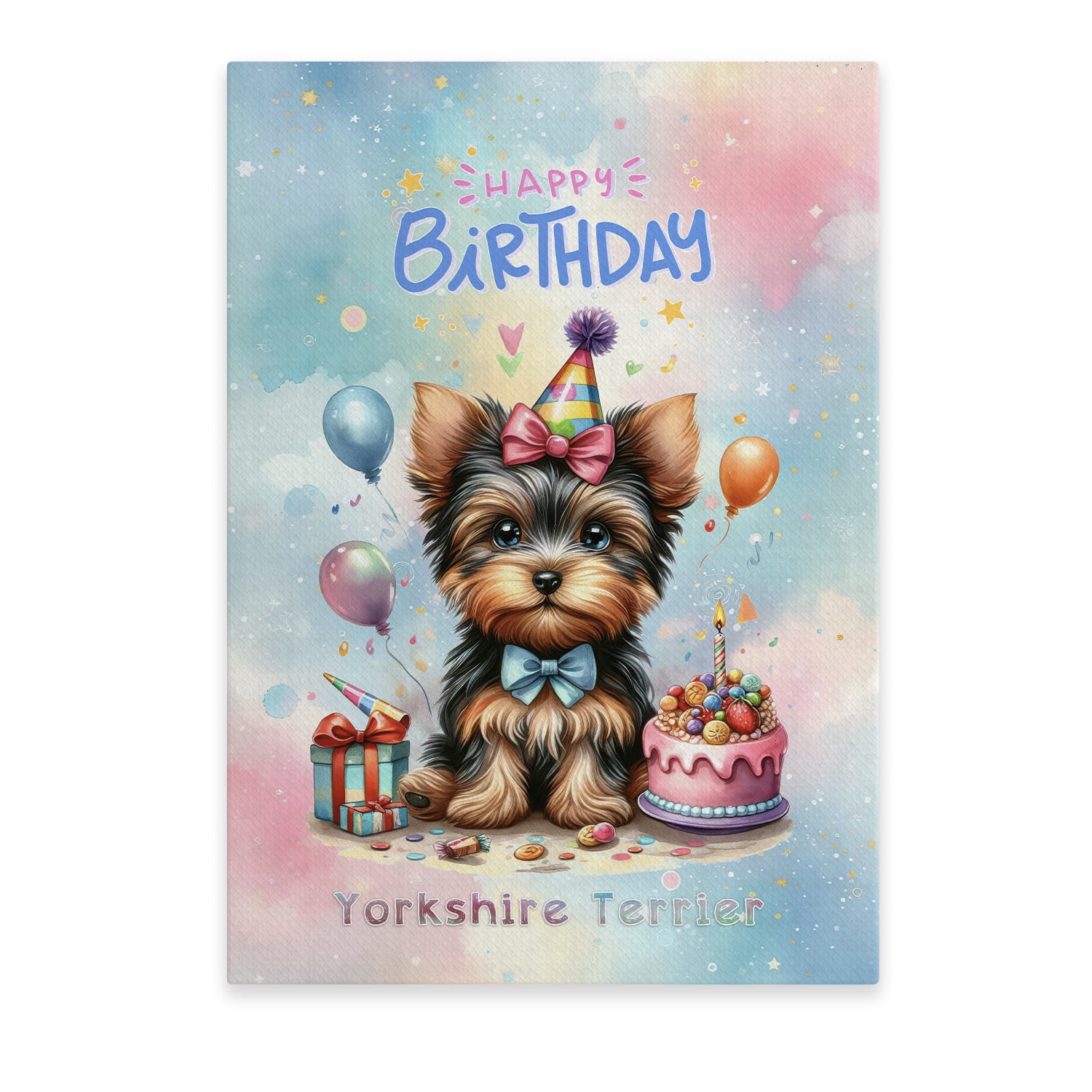 Happy Birthday Cute Puppy Yorkshire Terrier with Cake Gifts Party Hat ...