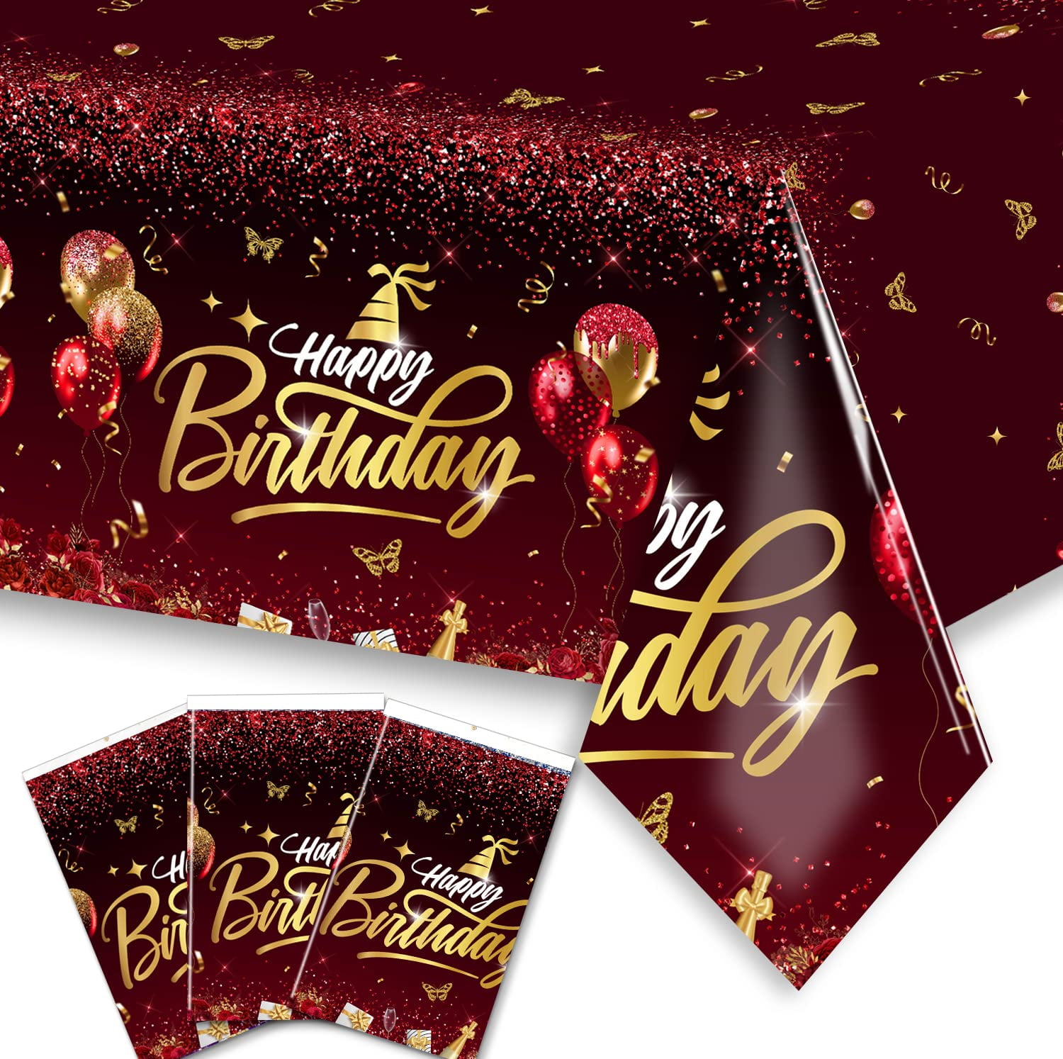 Happy Birthday Decorations-3pcsTRDN Red and Gold Birthday Tablecloth ...