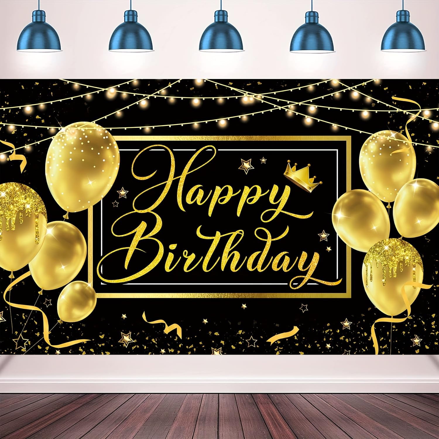 Happy Birthday Decorations Backdrop Banner 71x43 in Glitter Black Gold Birthday Balloons Sign ...