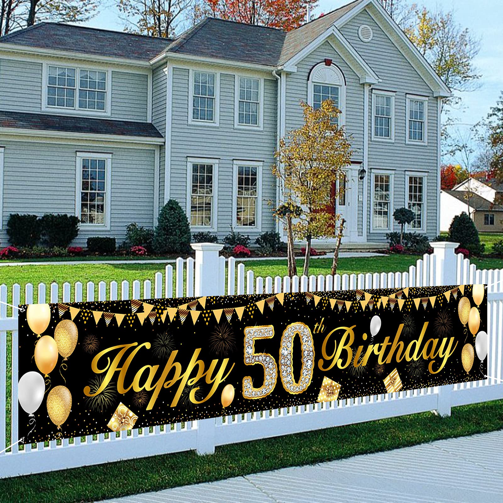 Happy Birthday Decorations Banner, Large Black Gold Happy 50th Birthday ...