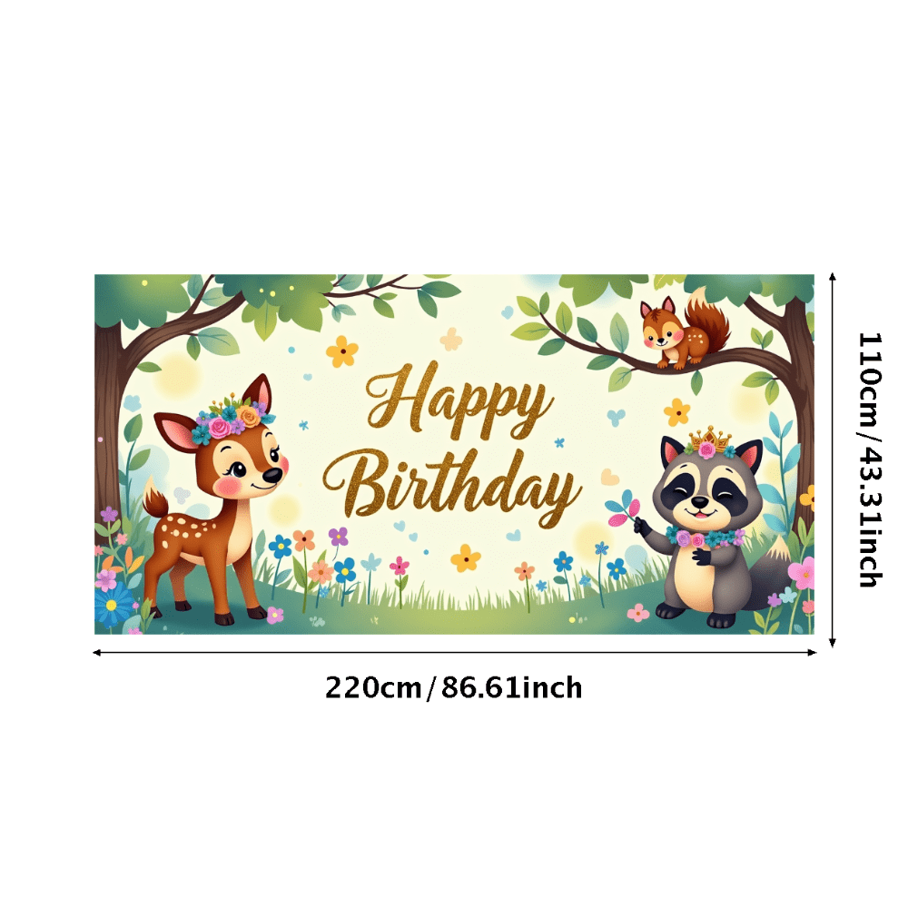 Happy Birthday Deer Raccoon Forest Theme Backdrop Floral Cartoon Banner ...
