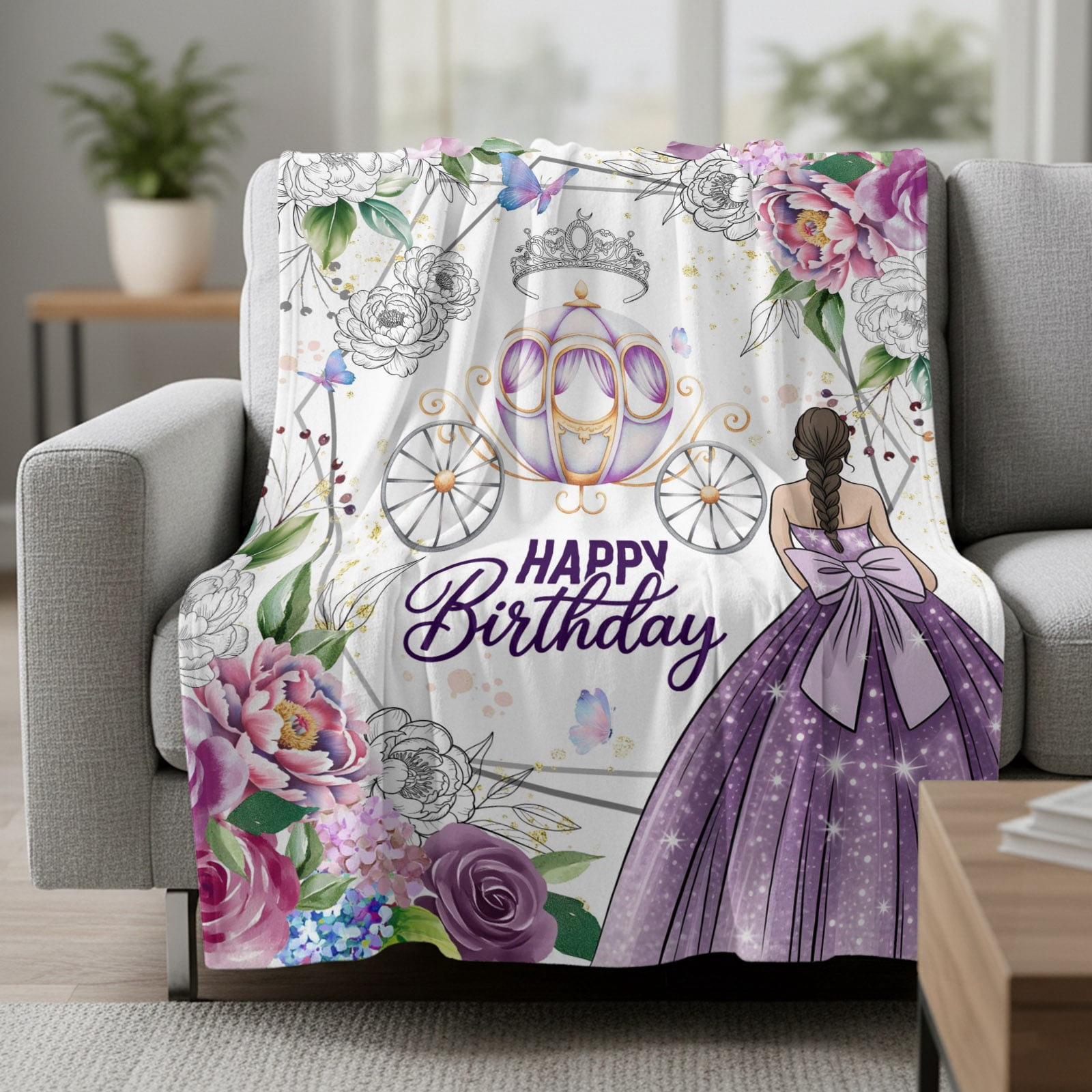 Happy Birthday Fleece Throw Blanket Watercolor Purple Floral Butterfly ...