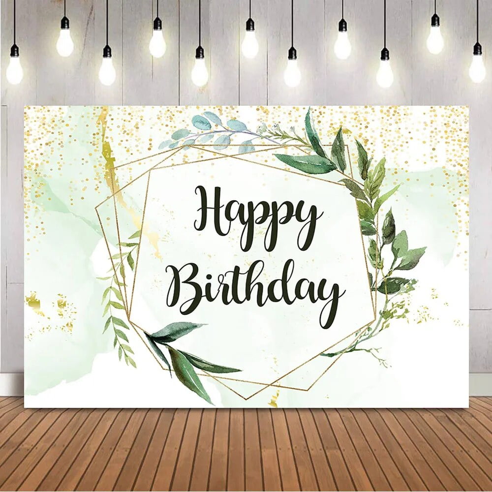 Happy Birthday Green Leaves Backdrop for Boy Girl Greenery Decoration Banner Gold Eucalyptus ...