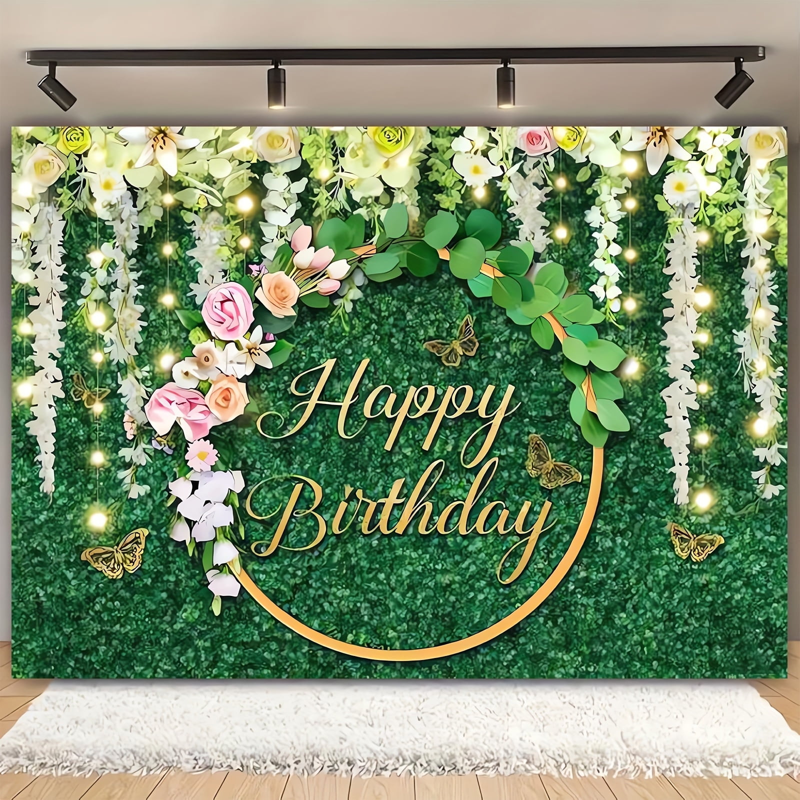 Happy Birthday Greenery Backdrop Green Grass Wall with Floral Butterfly ...