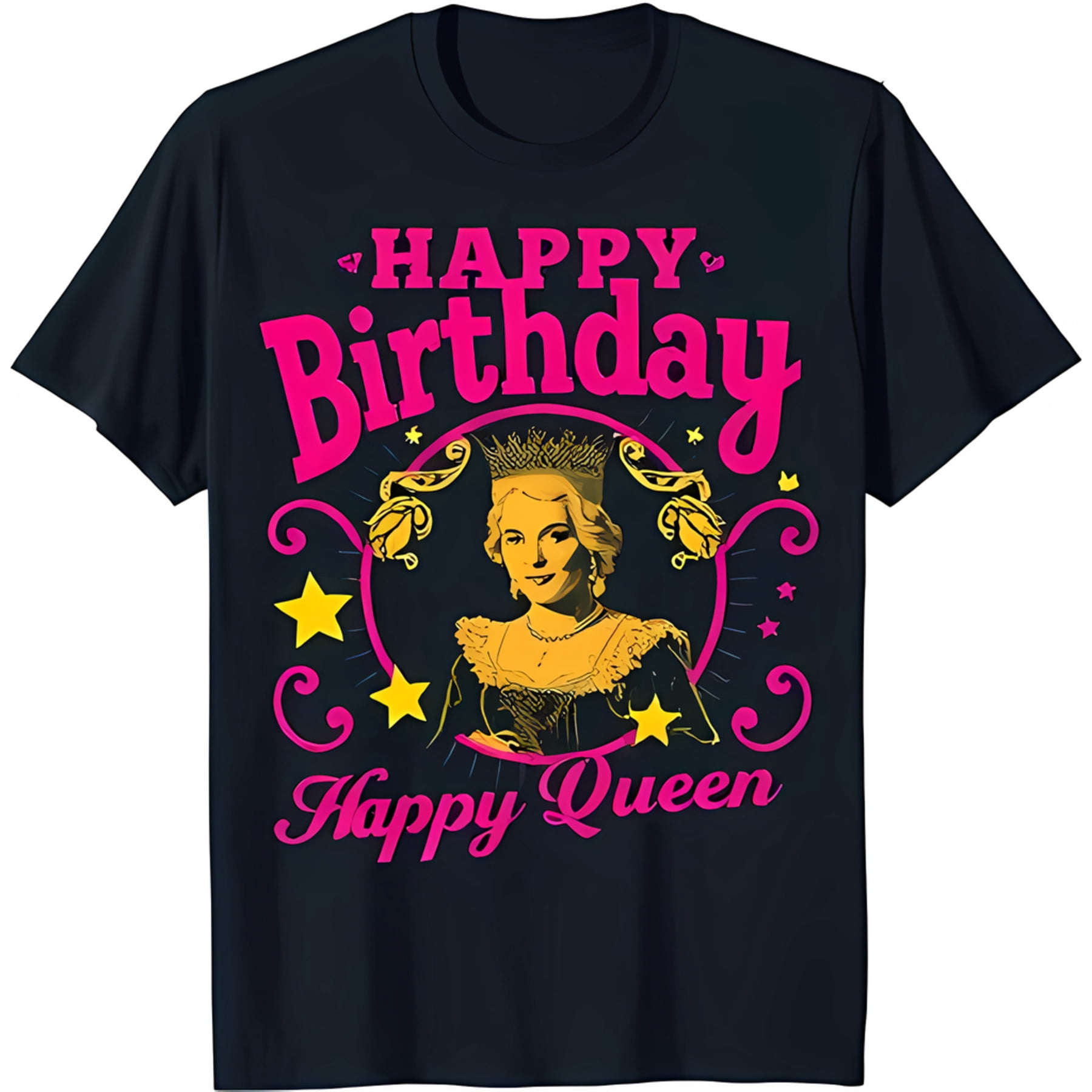 Happy Birthday Happy Queen Black T-Shirt with Woman in Crown & Yellow ...