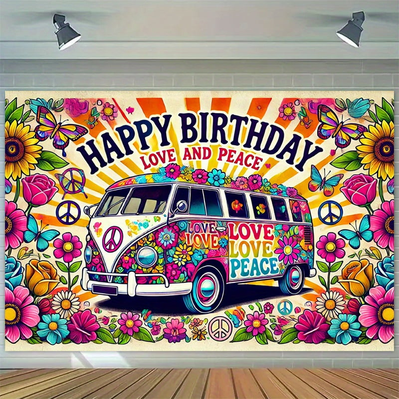 Happy Birthday Hippie Style Backdrop Vibrant Floral Love and Peace ...
