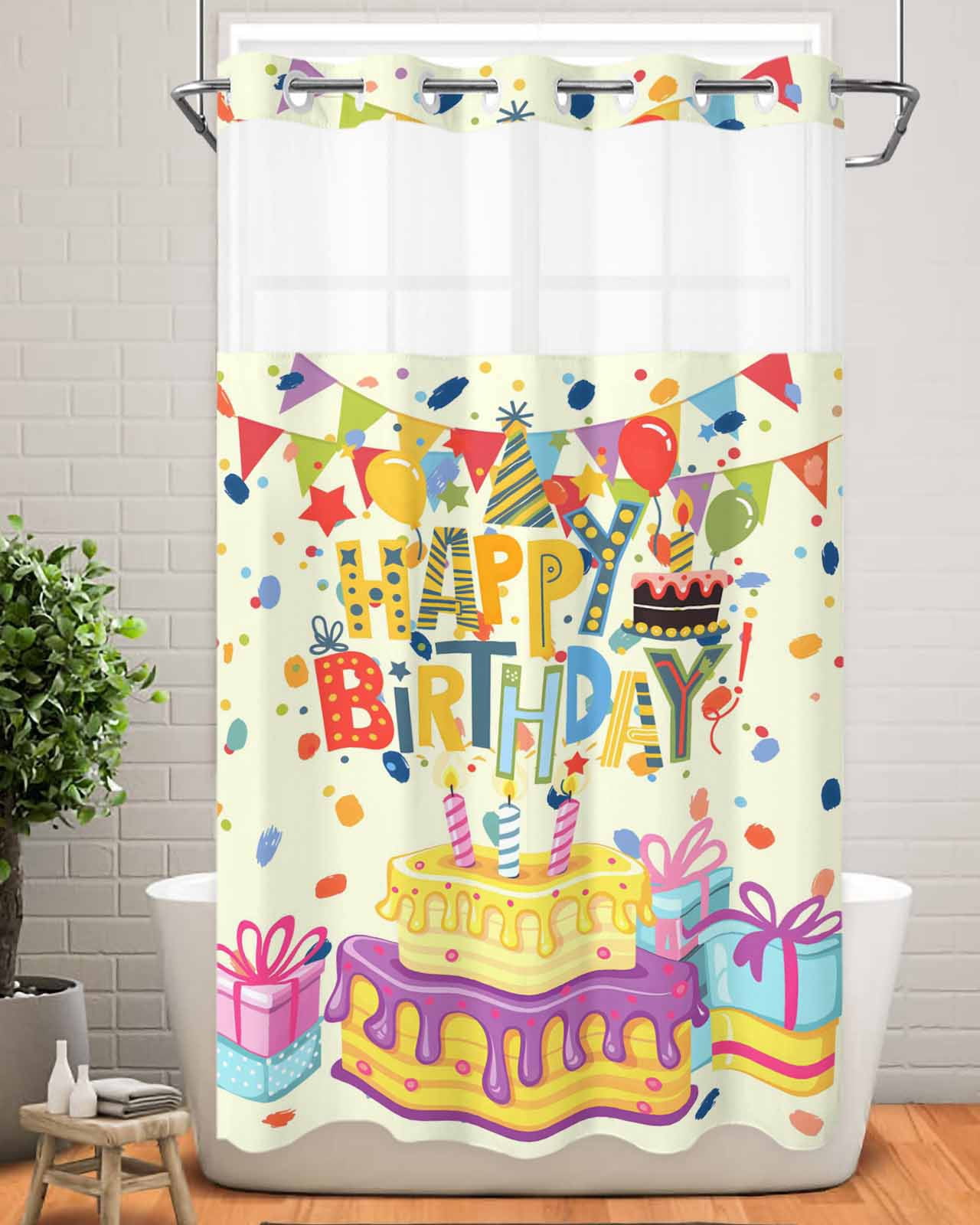 Happy Birthday No Hook Shower Curtain with Snap in Liner, Cake Ribbon ...