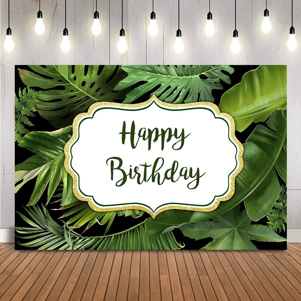 Happy Birthday Jungle Safari Theme Party Background Green Leaves ...