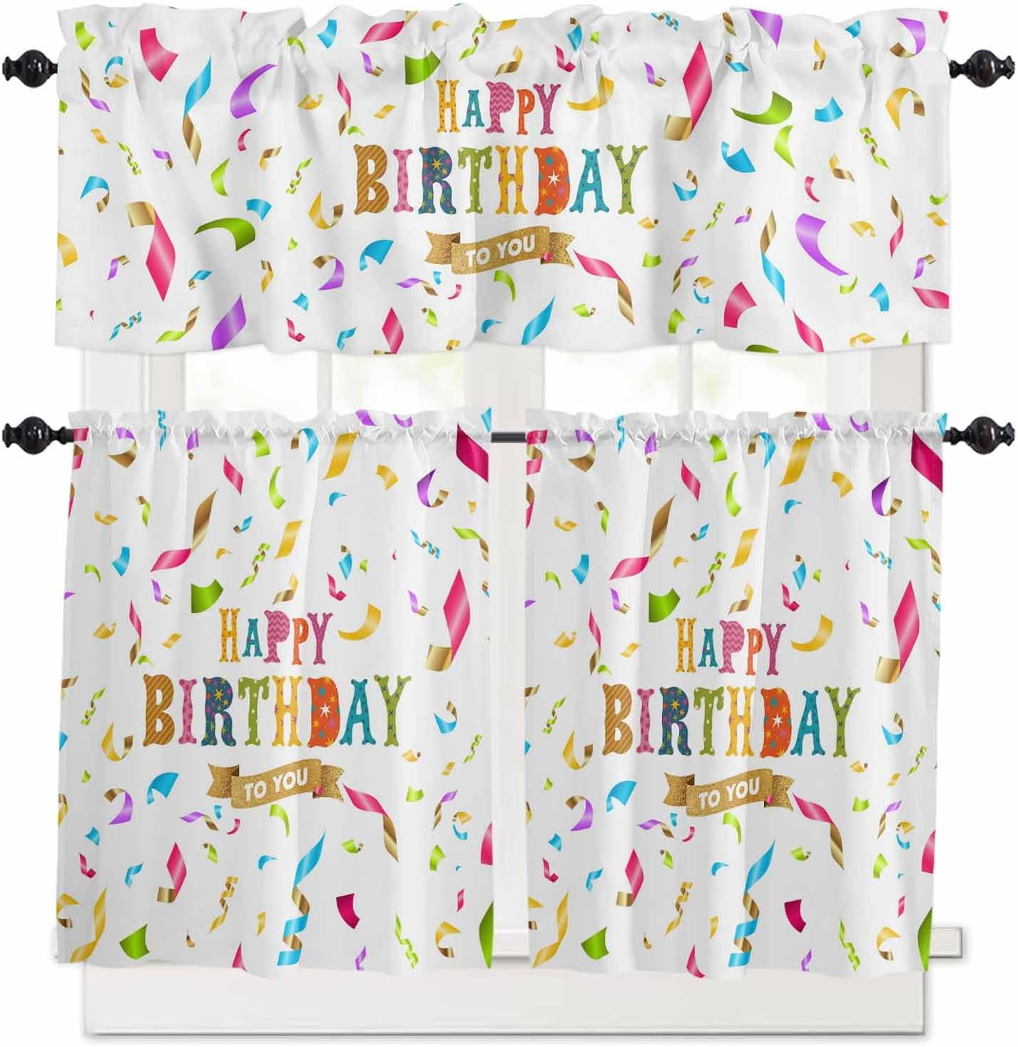 Happy Birthday Kitchen Curtains, Colorful Words 3-Piece Kitchen Curtain ...