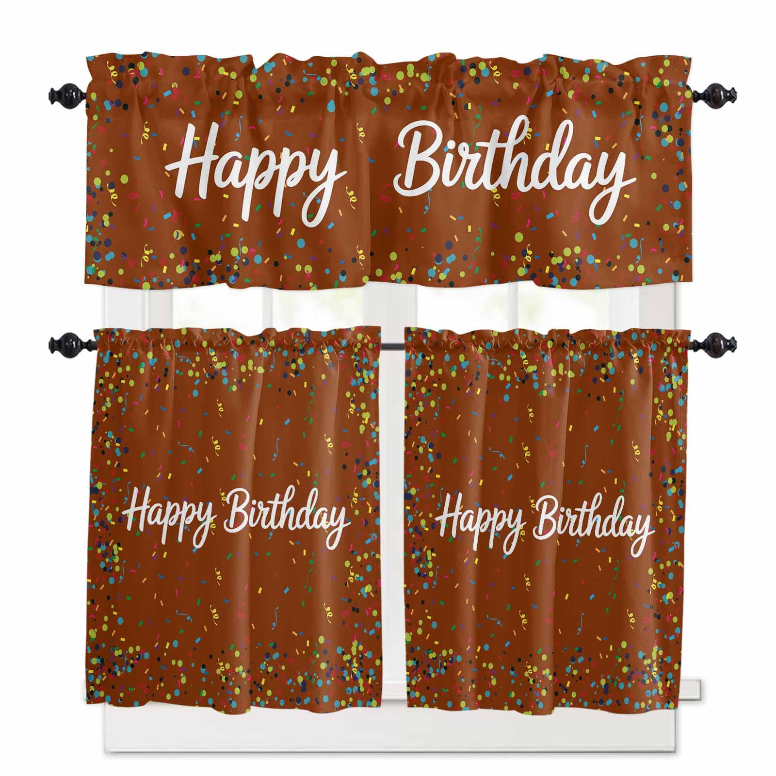 Happy Birthday Kitchen Curtains Valance and Tier Set Colorful Ribbons ...