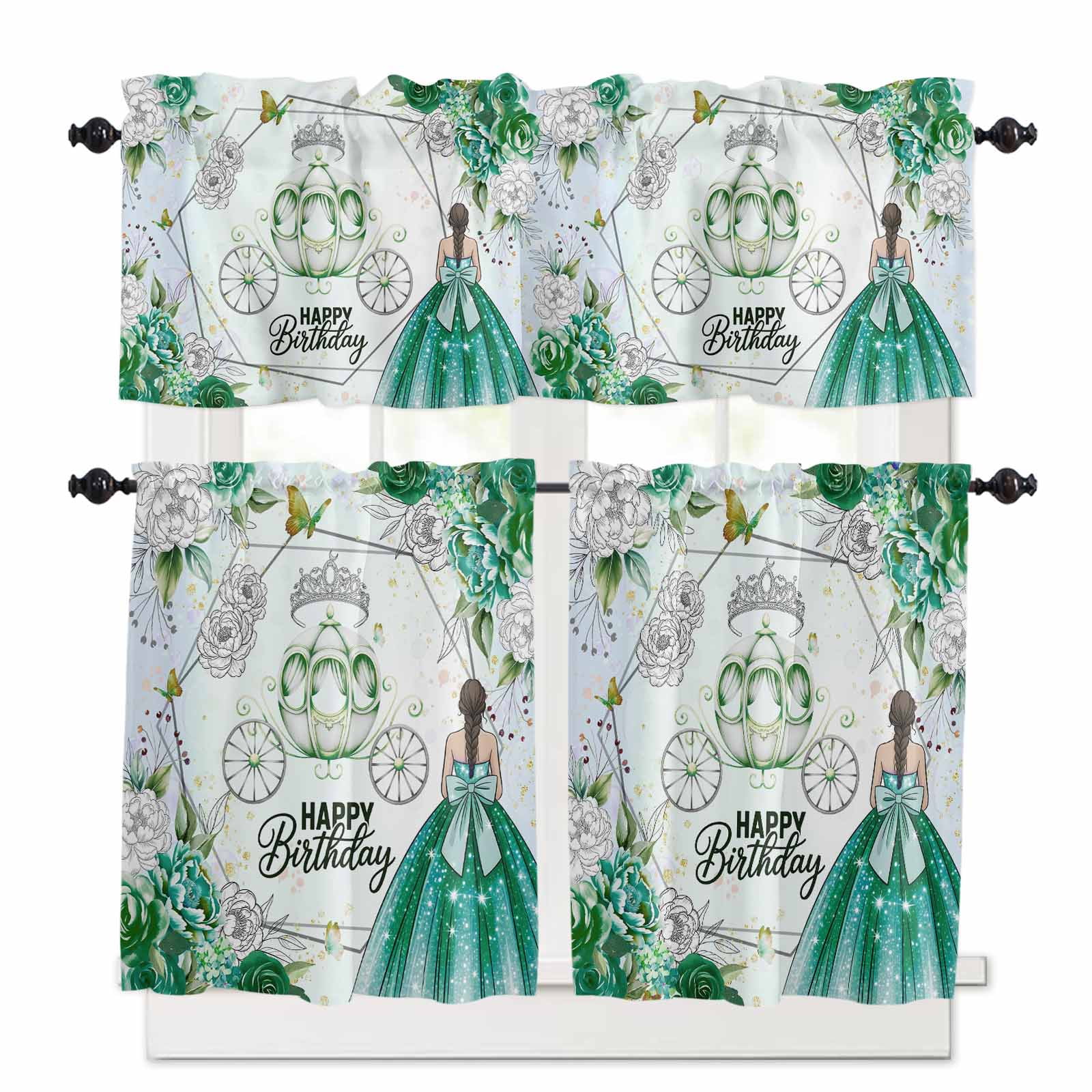 Happy Birthday Kitchen Curtains Valance and Tier Set Watercolor Green ...