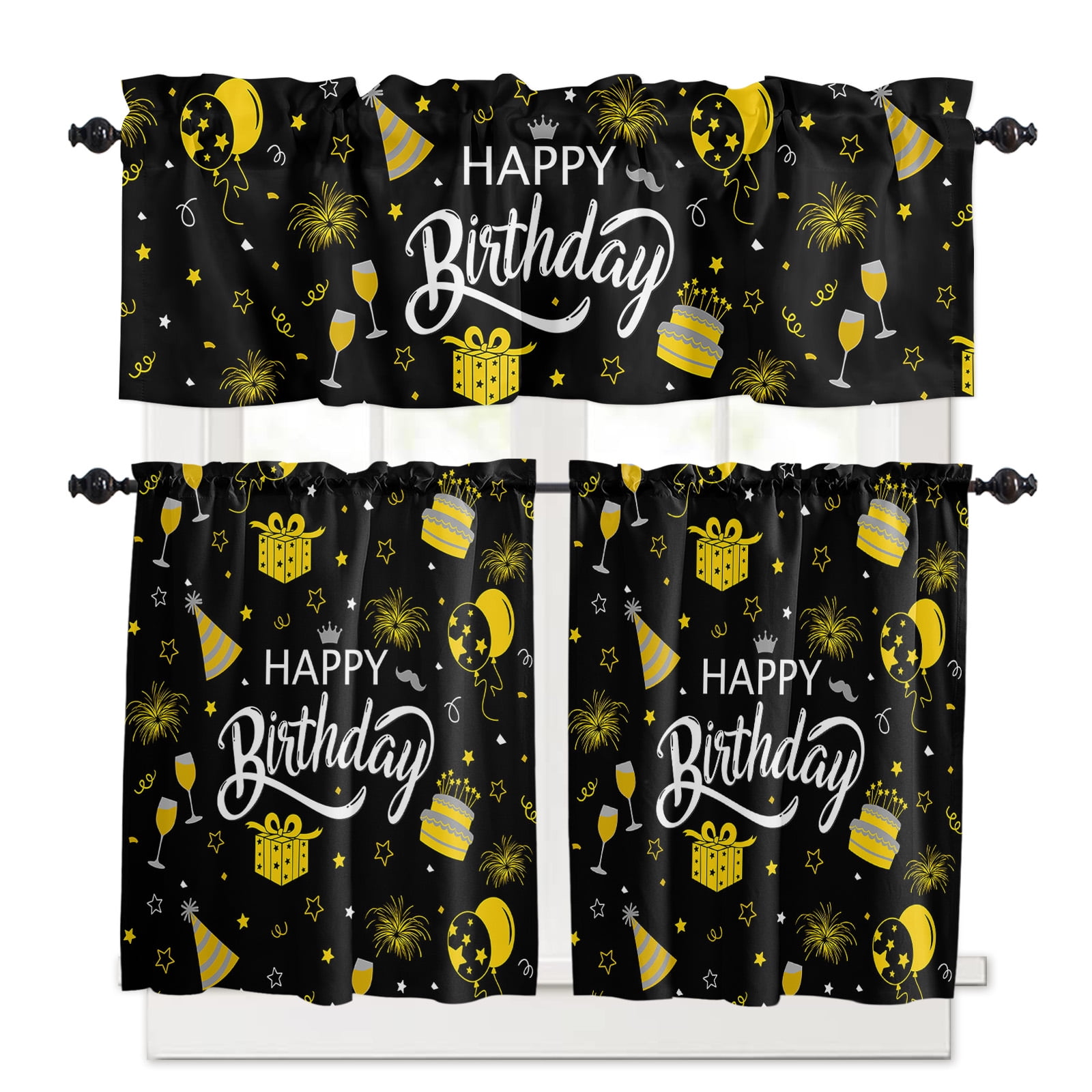 Happy Birthday Kitchen Curtains Valances and Tiers Set of 3, 36 Inch ...