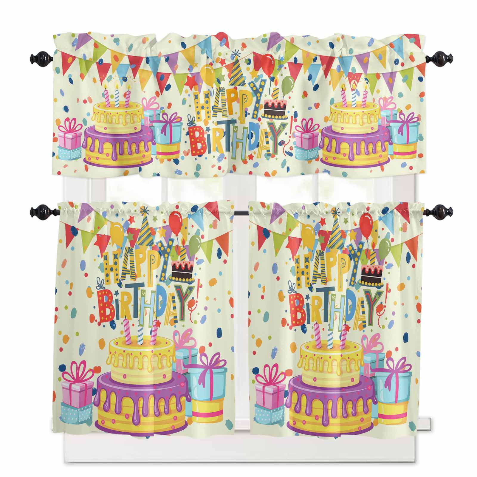 Happy Birthday Kitchen Curtains Valances and Tiers Set of 3, Balloon ...