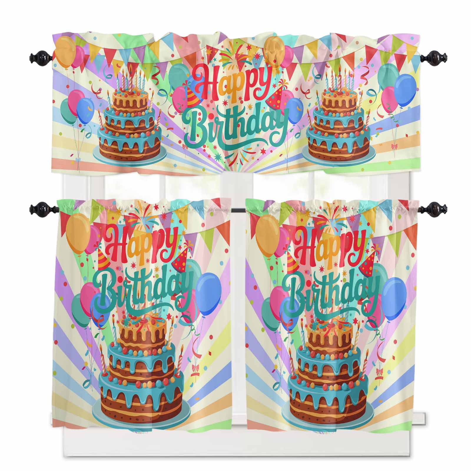 Happy Birthday Kitchen Curtains Valances and Tiers Set of 3, Ribbon ...