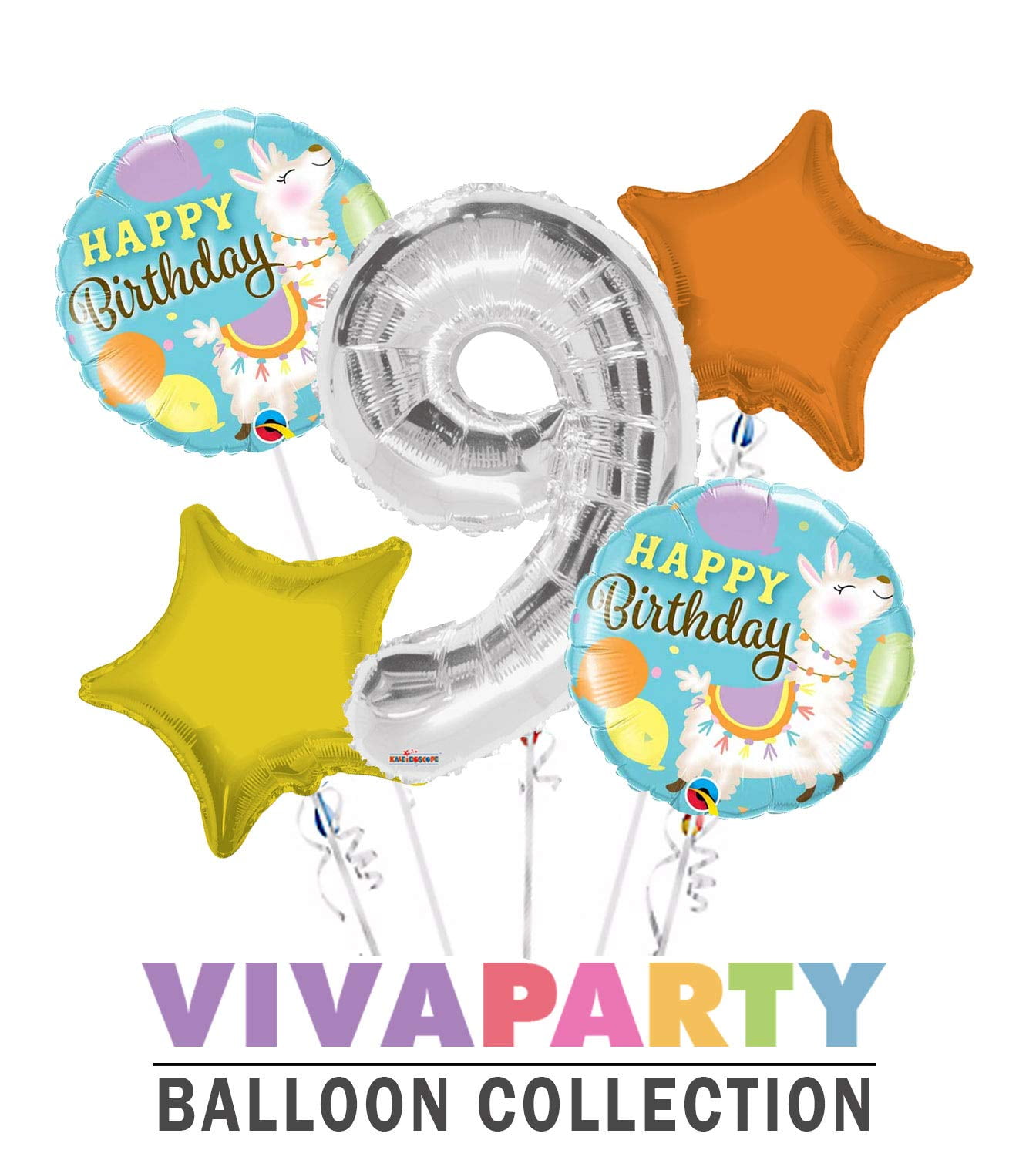 Happy Birthday Llama Round Balloon Bouquet 5 pc, 9th Birthday, Silver ...