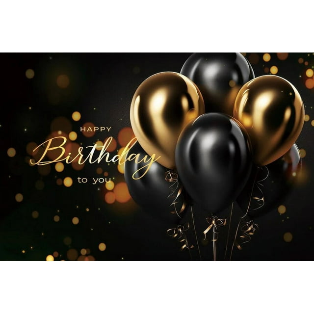 Happy Birthday Party Backdrop Black Gold Balloons Glitter Bokeh Spots Adult Men Women Portrait ...
