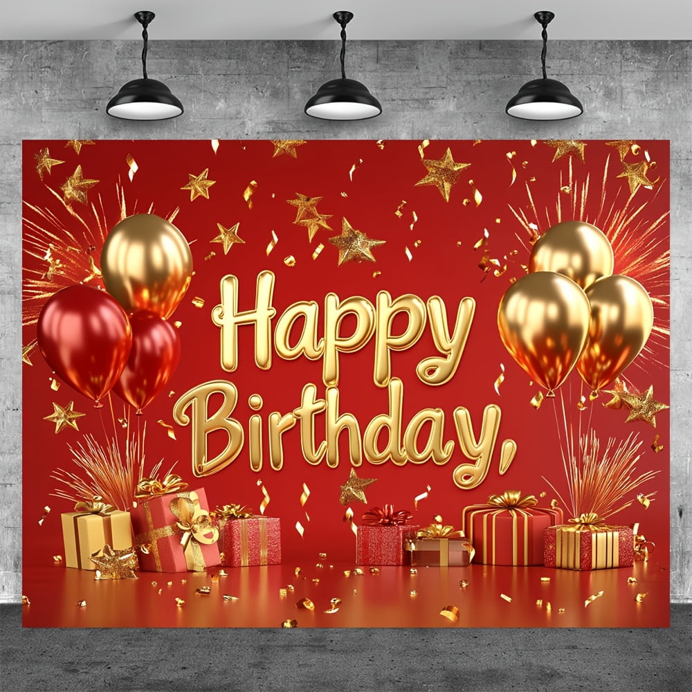 Happy Birthday Party Backdrop, Polyester Red and Golden Balloon Design ...