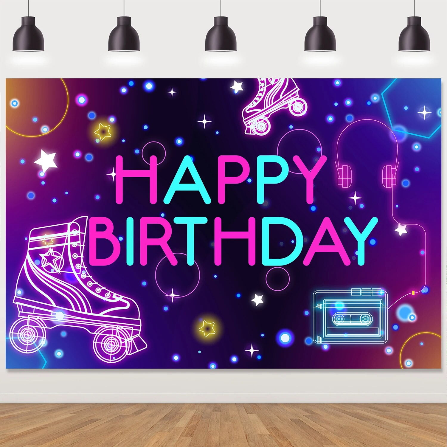 Happy Birthday Party Backdrop, Roller Skates, Colorful Dots ...