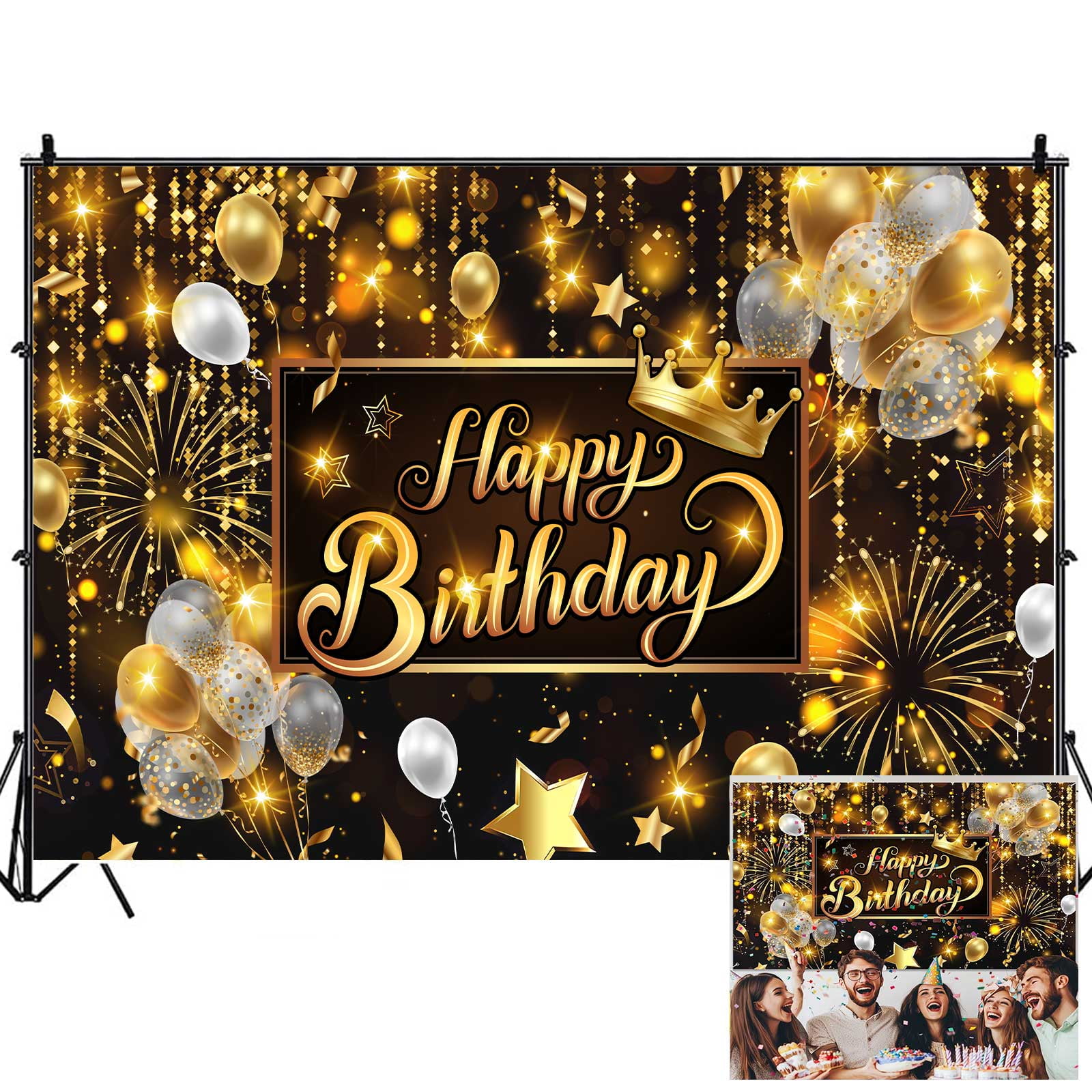 Happy Birthday Party Backdrops for Photoshoot, Black and Gold Balloons Picture Party Decorations ...