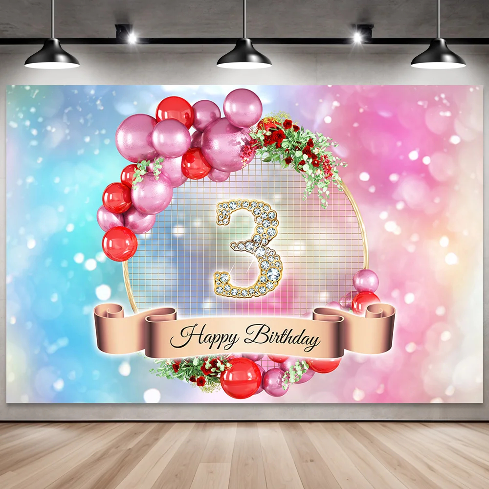 Happy Birthday Party Background Banner Pink Blue Flower Number Girls ...