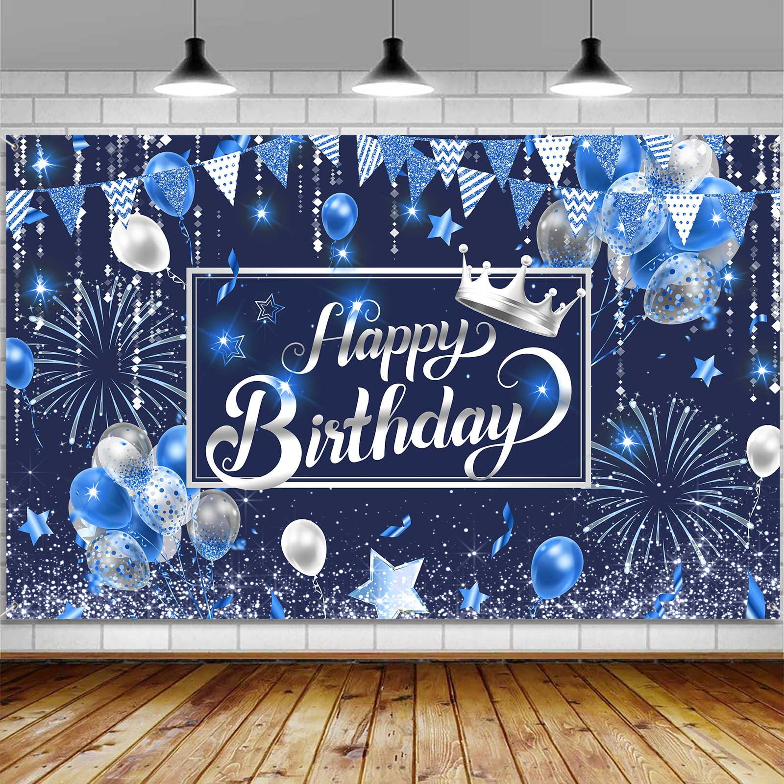 Happy Birthday Party Banner Backdrop for Men Women Boys, Blue Birthday ...