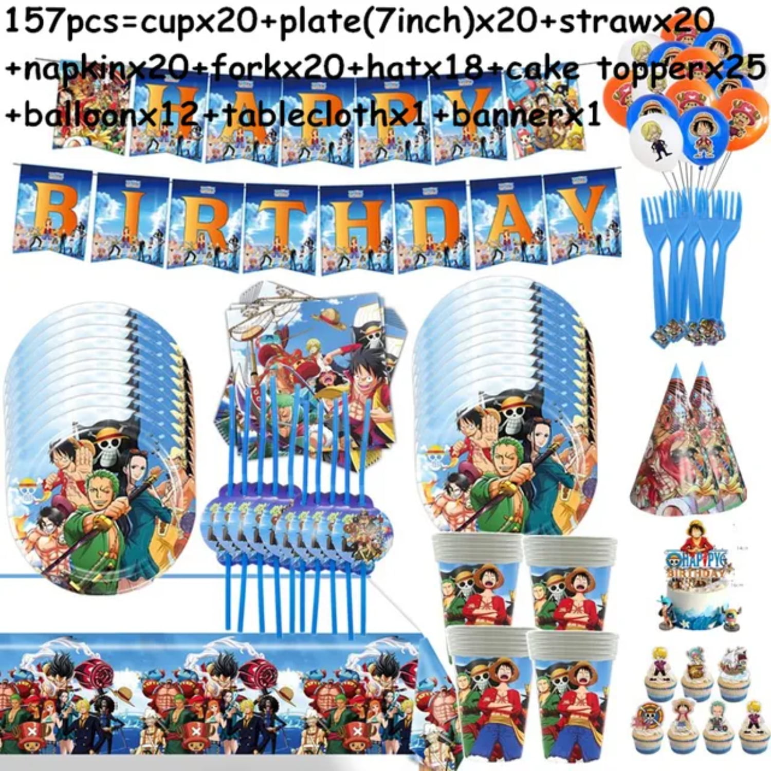 Happy Birthday Party Cake Topper Luffy Tableware Set Colorful Party ...