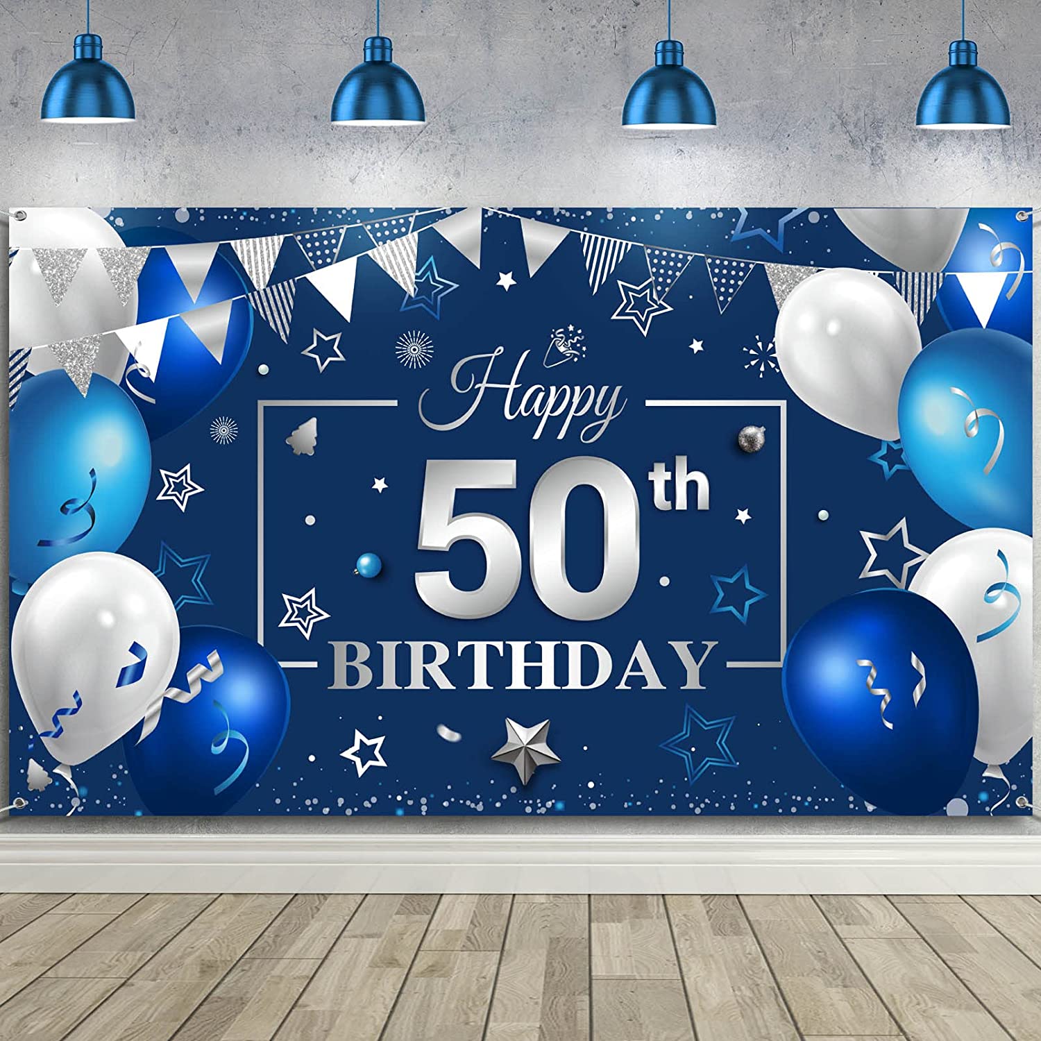 Happy Birthday Party Decorations Navy Blue and Silver Birthday Photography Backdrop Banner ...