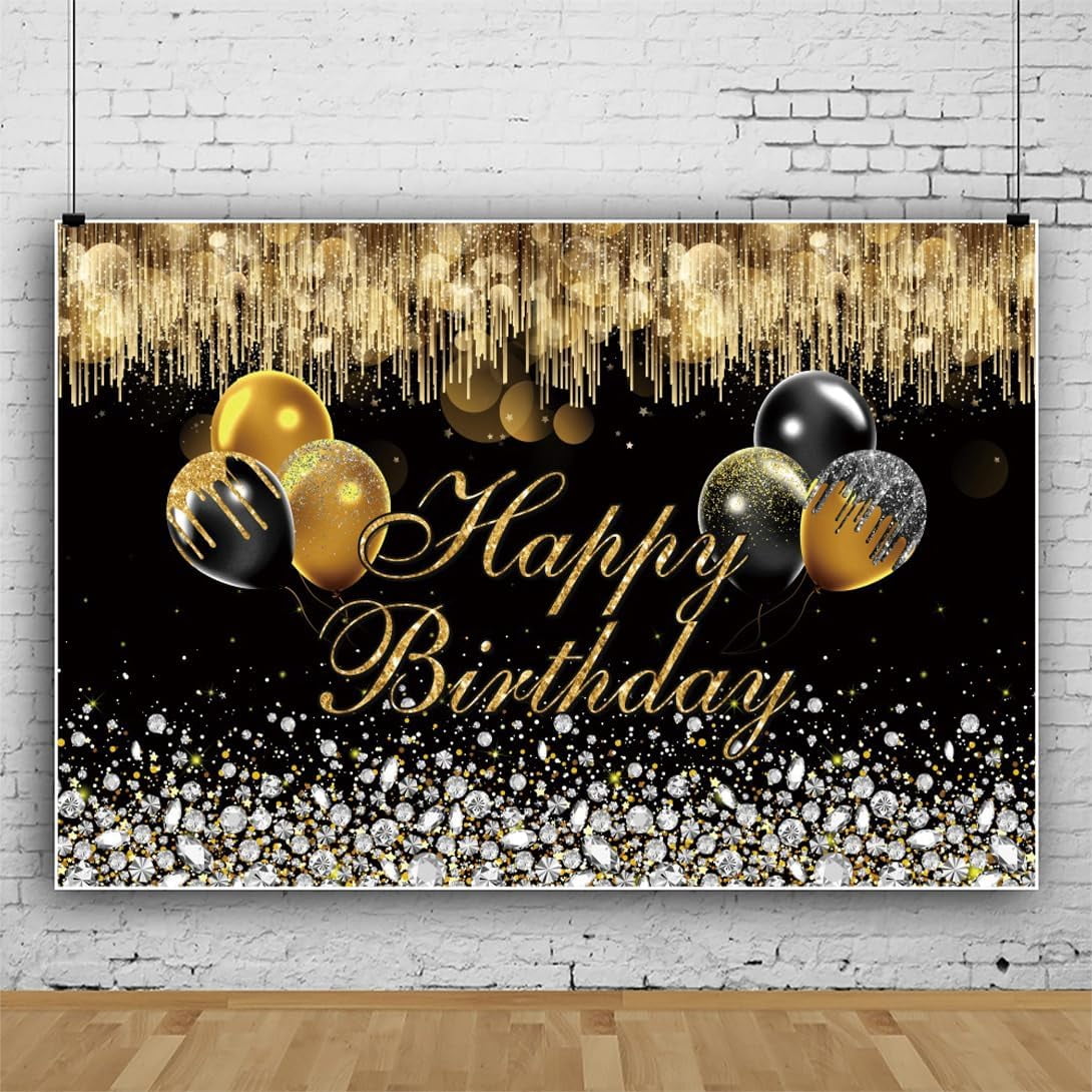 Happy Birthday Photo Backdrop, Black Gold Balloon Diamond Birthday ...