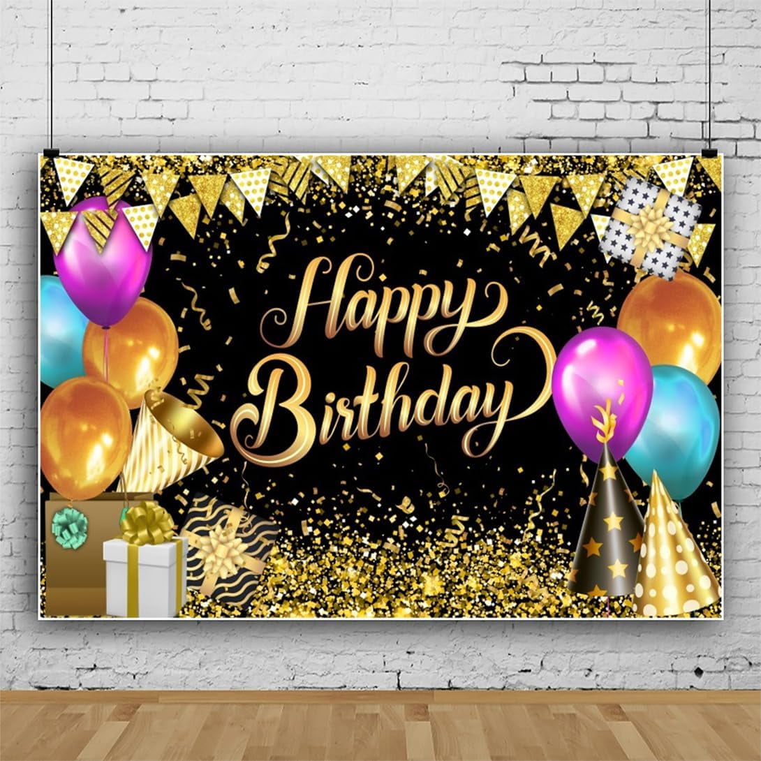 Happy Birthday Photo Backdrop, Black Gold Colorful Balloon Birthday ...