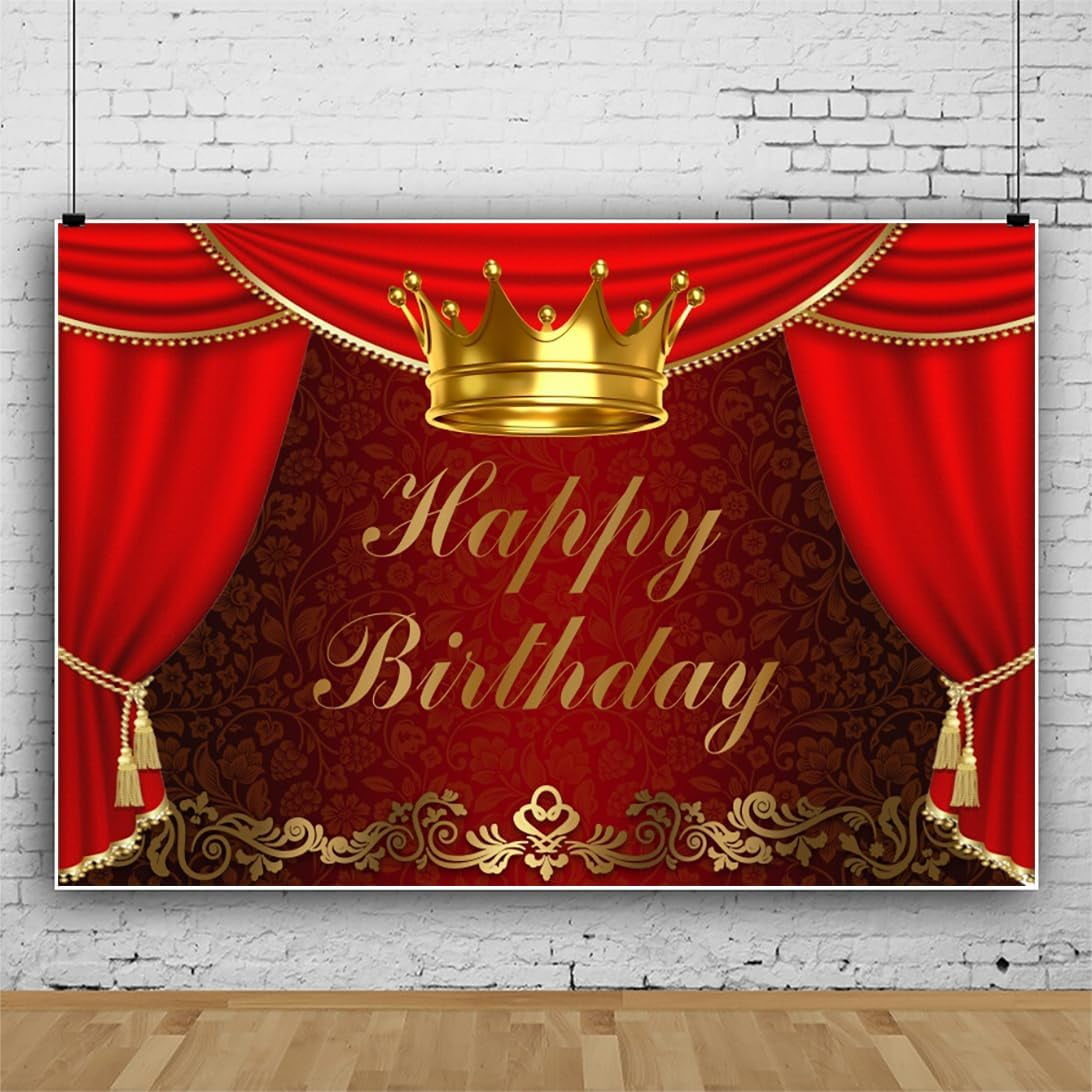 Happy Birthday Photo Backdrop, Festive Red Gold Crown Curtain Birthday ...