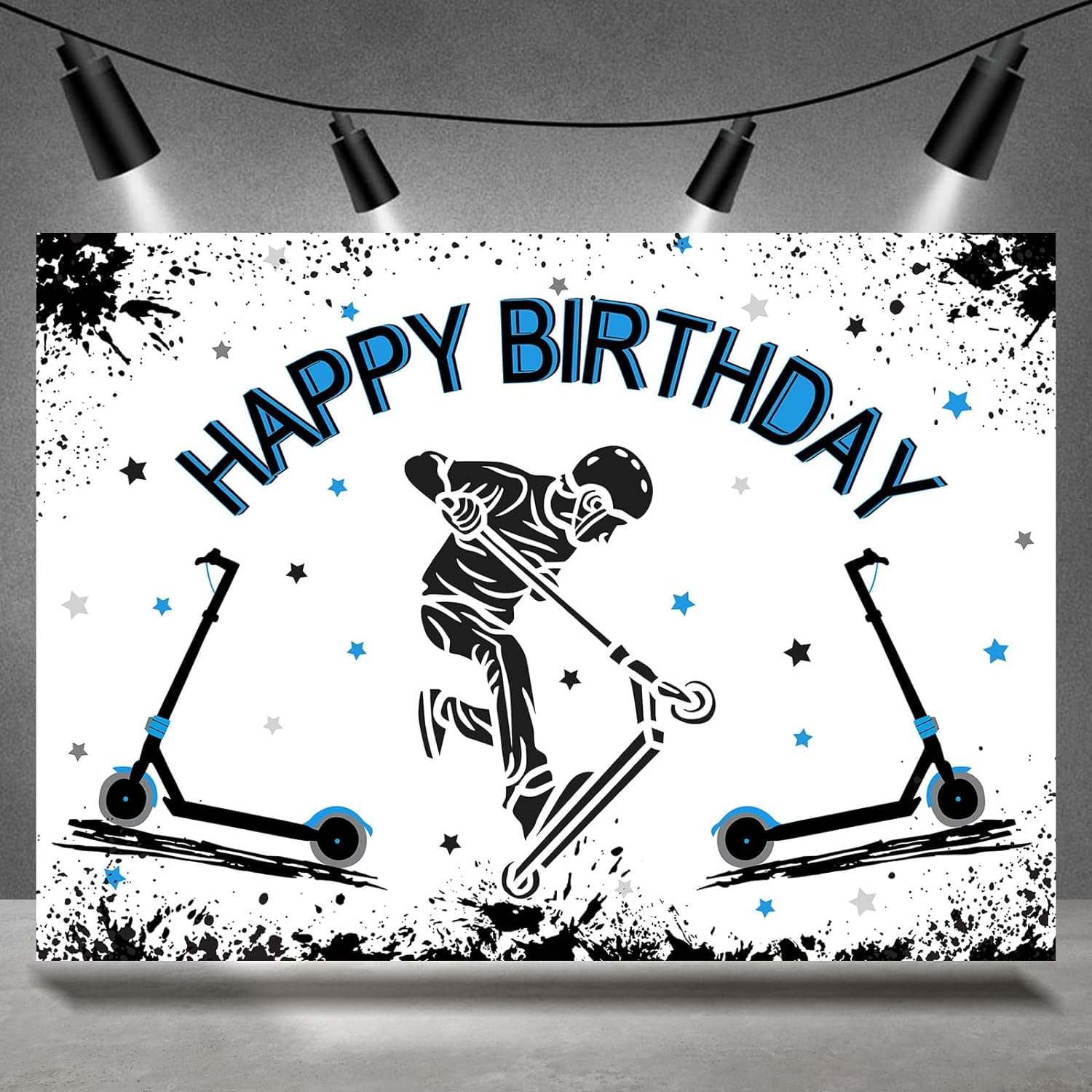 Happy Birthday Photography Backdrop Skating Scooter Black Blue Birthday ...