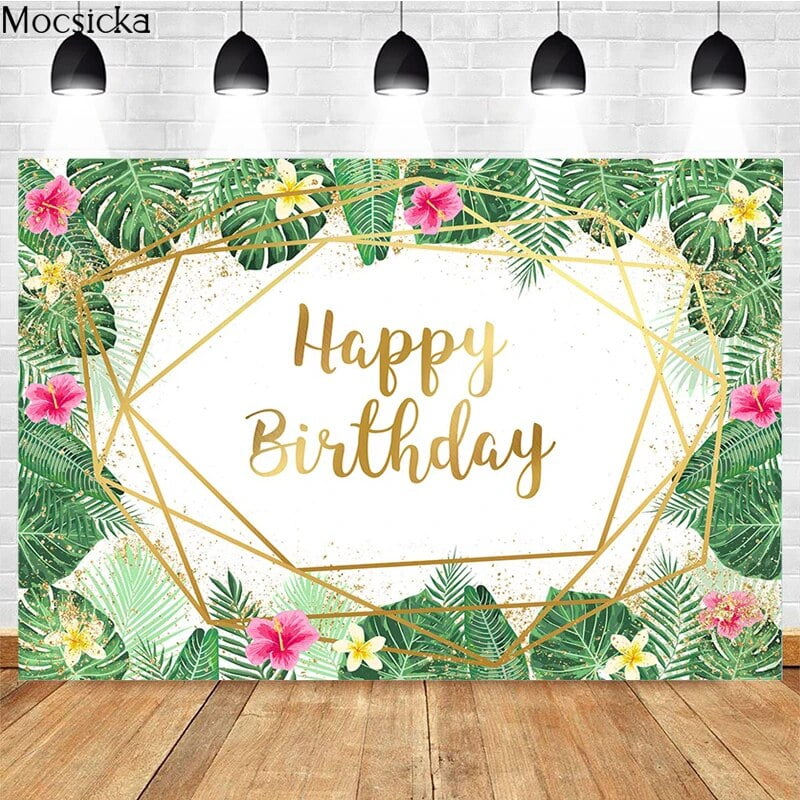 Happy Birthday Photography Background Gold Glitter Summer Jungle Palm ...