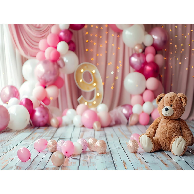 Happy Birthday Photography Background Number Pink Bear doll Hydrogen ...
