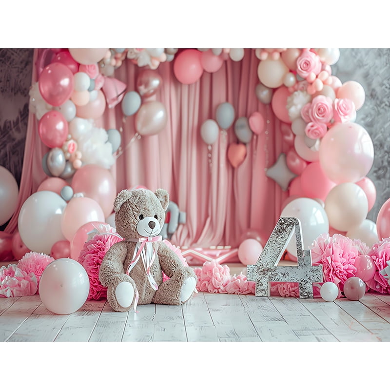 Happy Birthday Photography Background Number Pink Bear doll Hydrogen ...