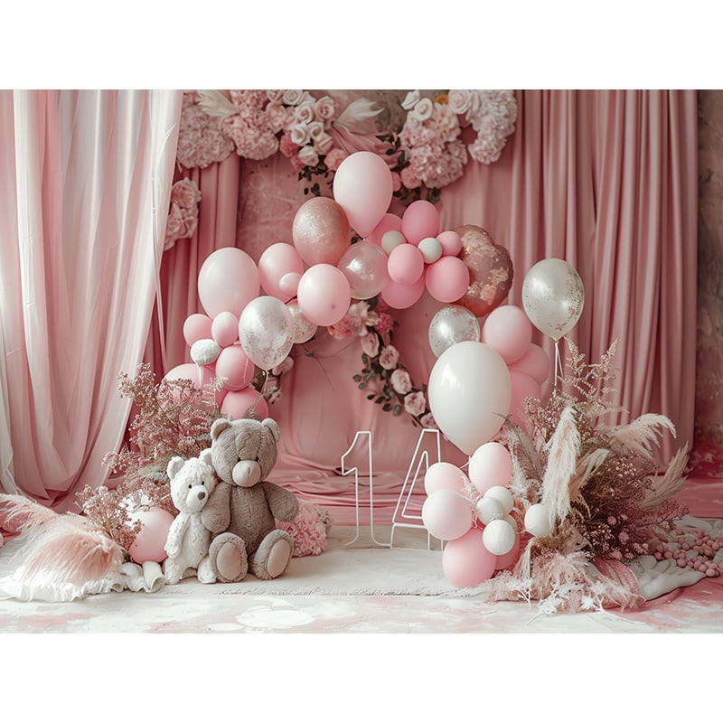Happy Birthday Photography Background Number Pink Bear doll Hydrogen ...
