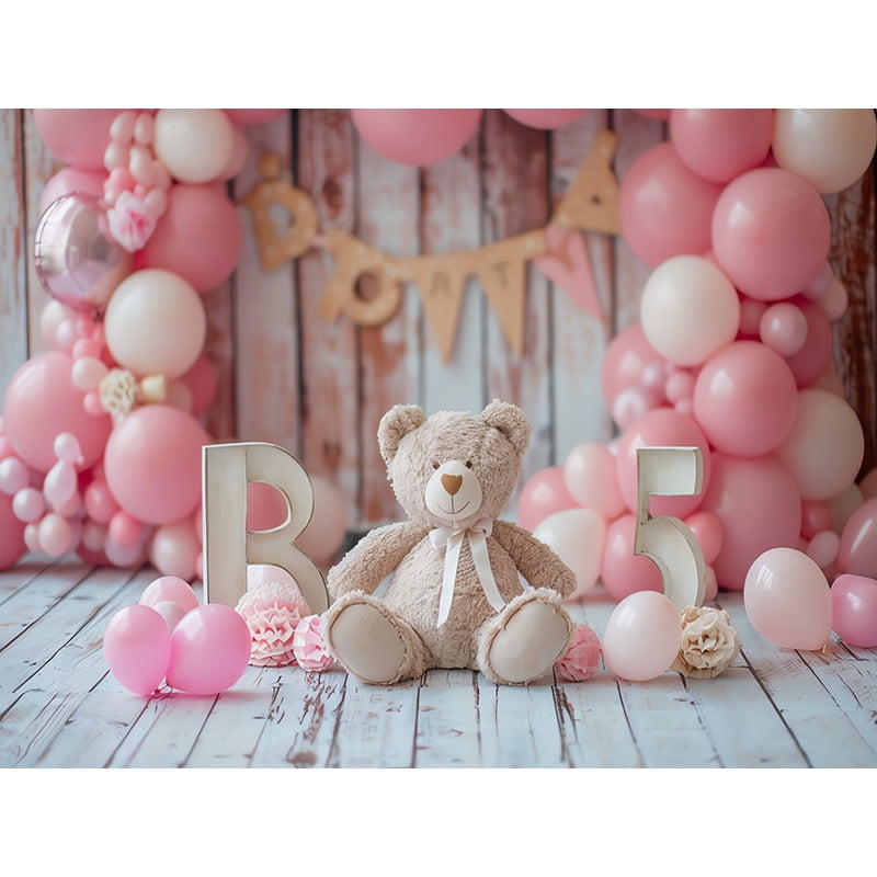 Happy Birthday Photography Background Number Pink Bear doll Hydrogen ...