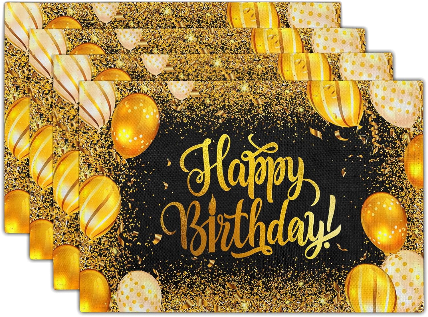 Happy Birthday Placemats Set of 4 Black Gold Balloons Confetti ...
