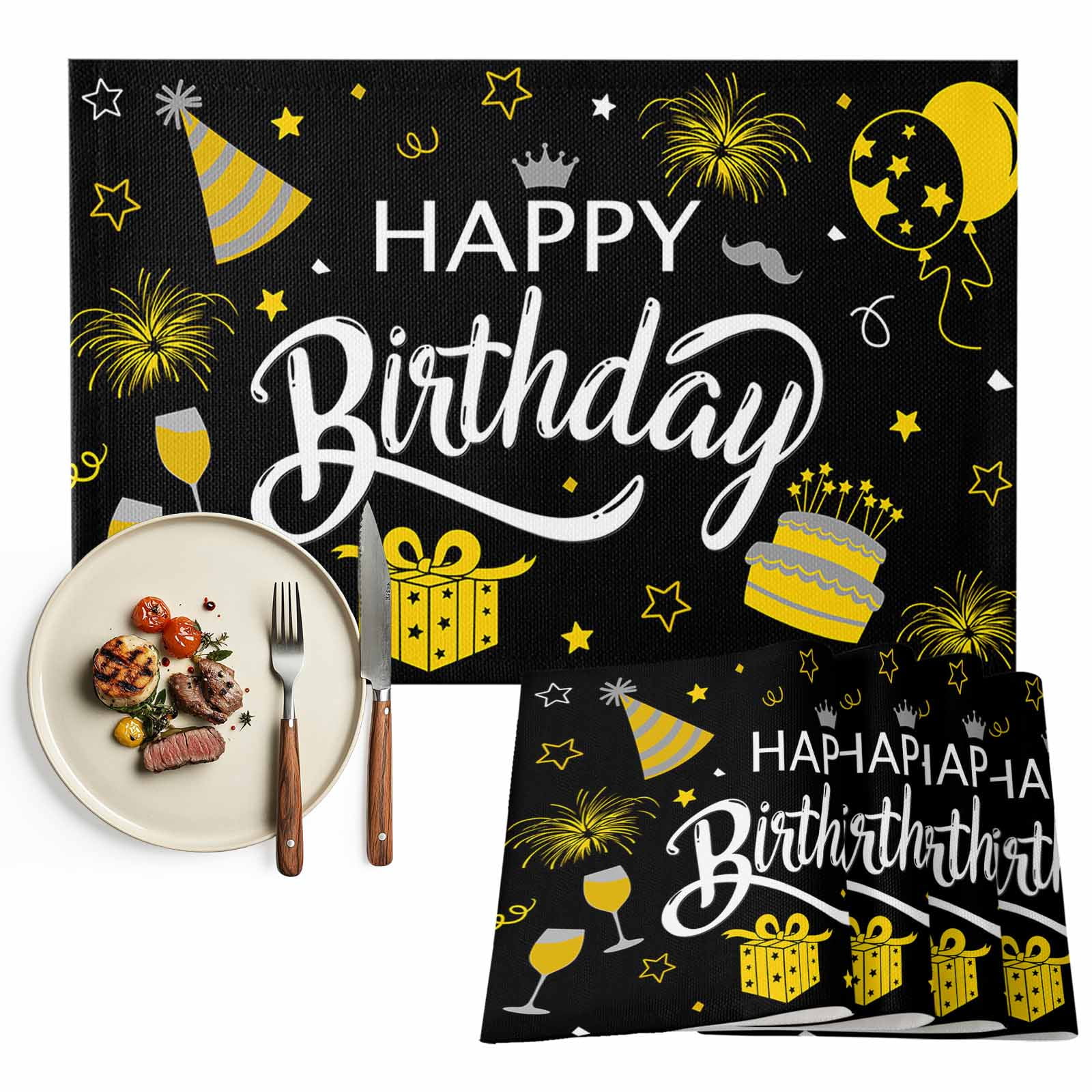 Happy Birthday Placemats Set of 6, Cake Fireworks Table Mats Washable ...