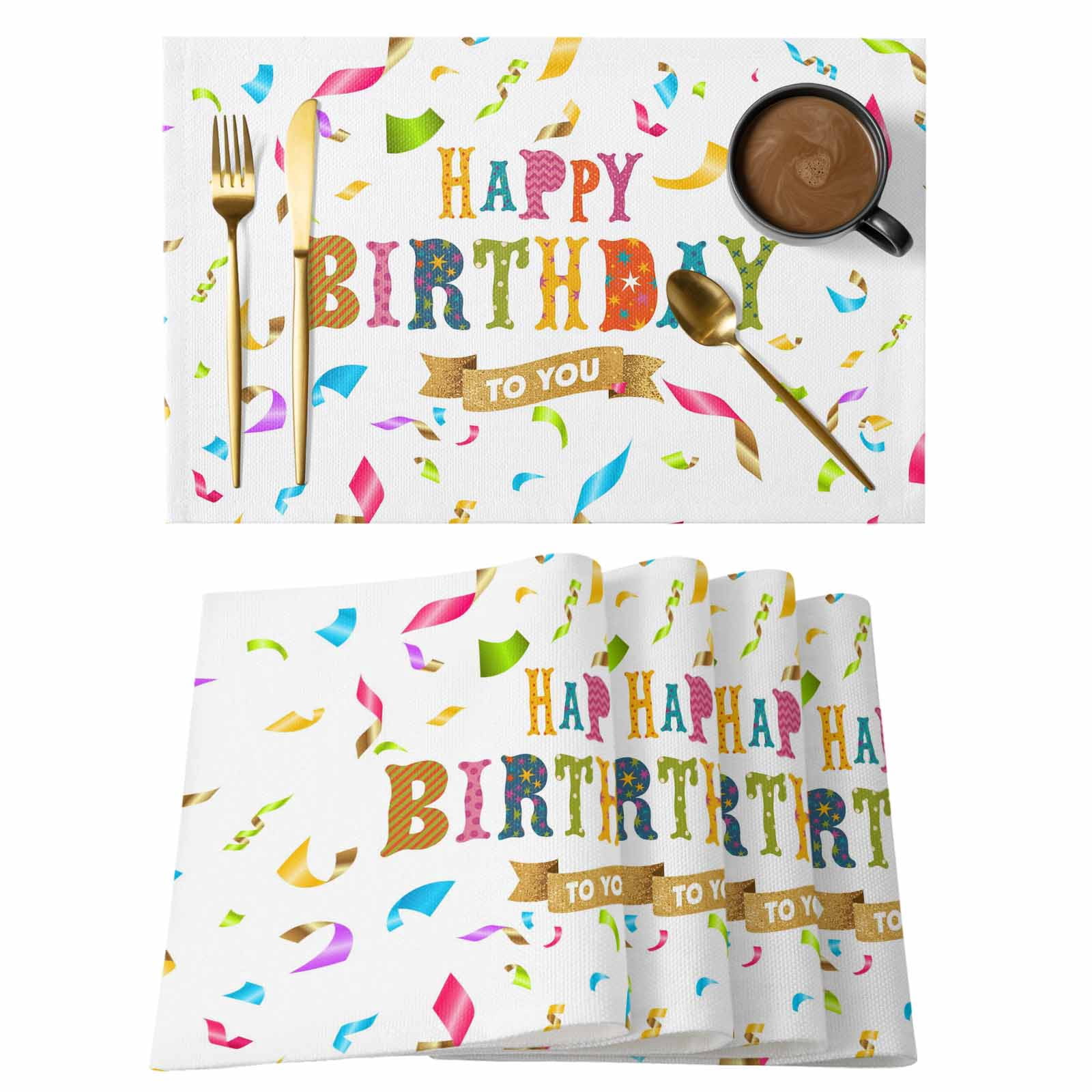 Happy Birthday Placemats Set of 8, Cotton Linen Fabric Place Mats ...