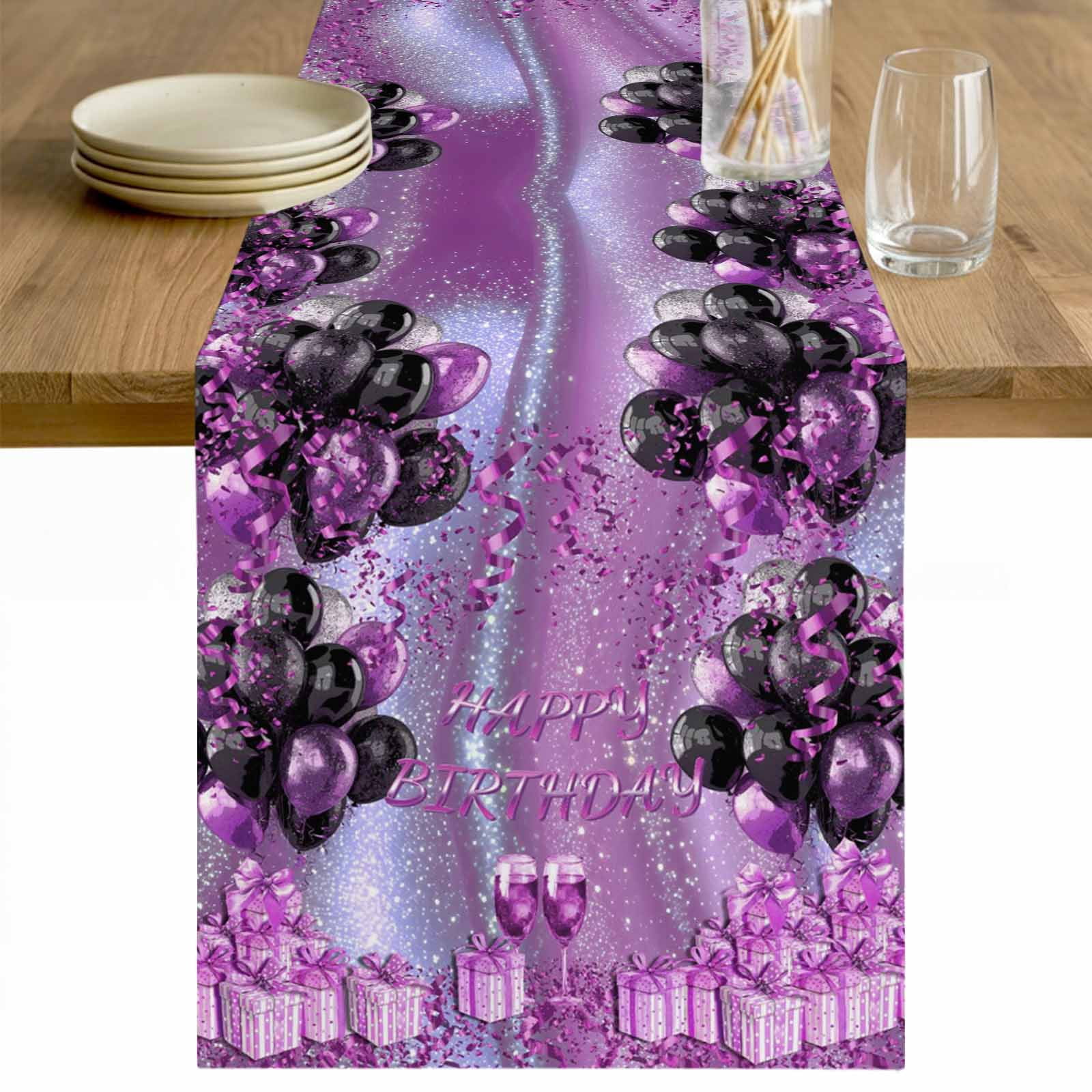 Happy Birthday Purple Table Runner - 36 Inch Long Gifts Balloons Goblet ...