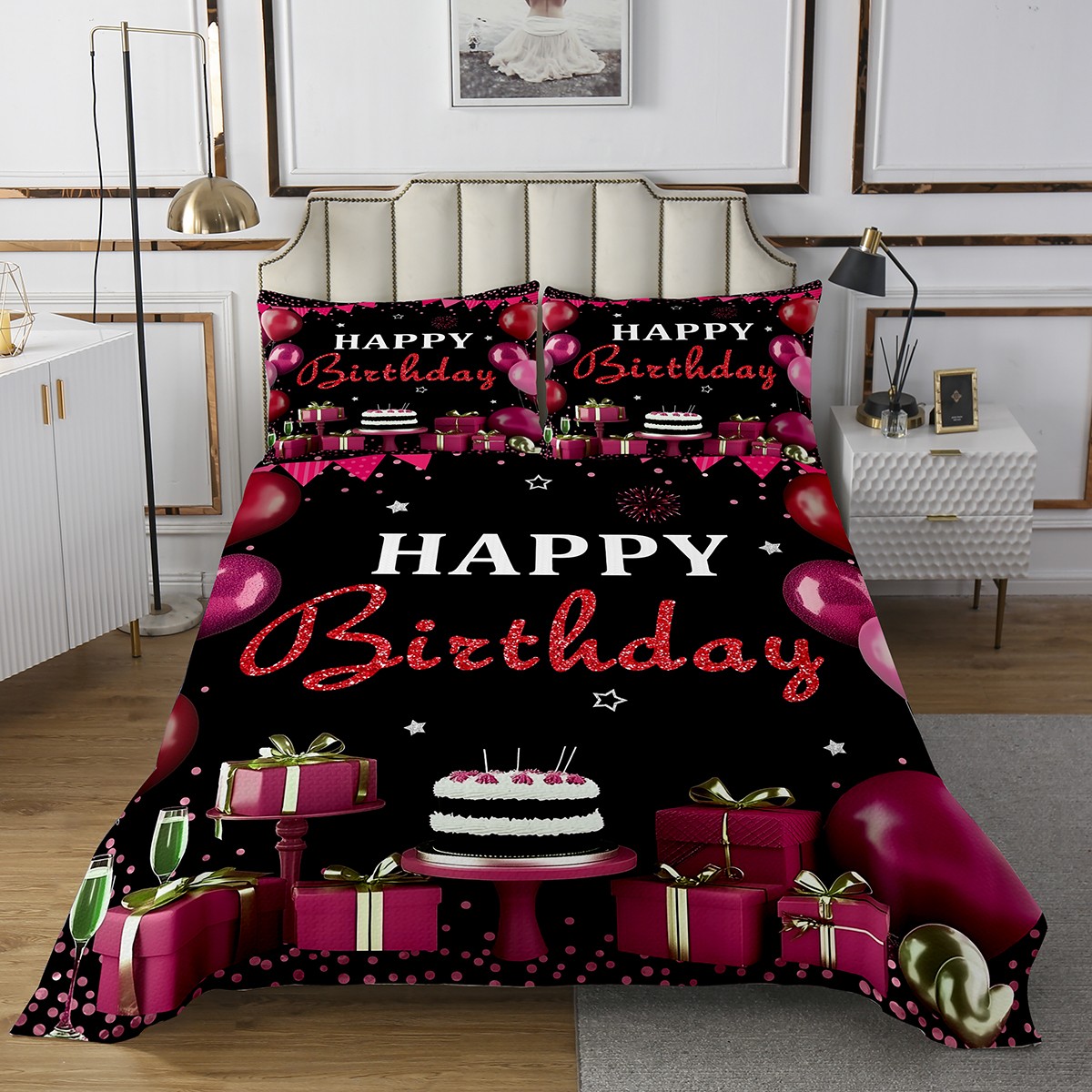 Happy Birthday Quilt Set Girly Pink Birthday Decorations Coverlet Set ...
