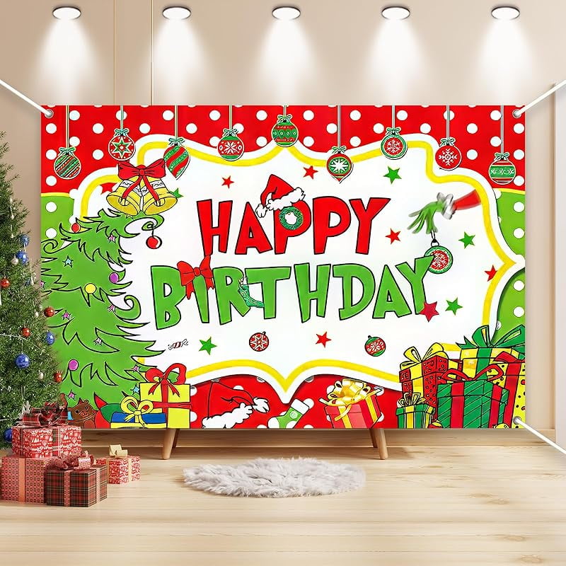 Happy Birthday Red and Green Backdrop,Green Christmas Winter Holiday ...