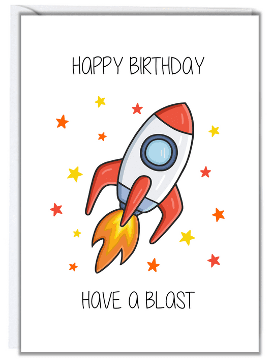 Happy Birthday Rocket Card – "Have a Blast" Design with Stars – Blank ...