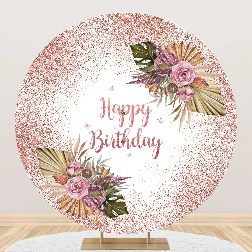 Happy Birthday Round Backdrop Cover White Gold Glitter Balloon Circle ...
