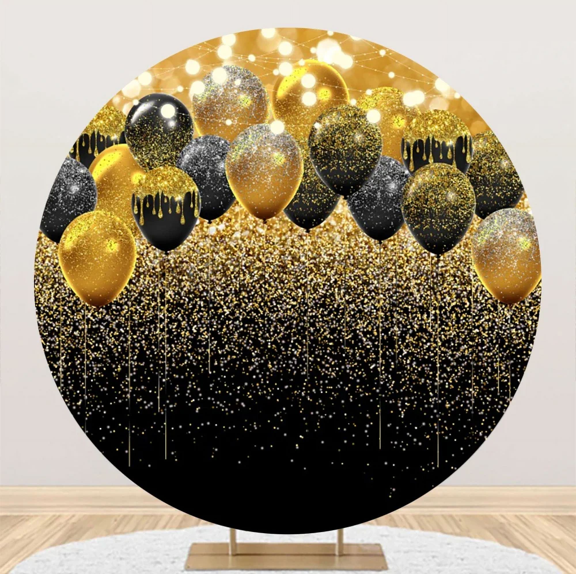 Happy Birthday Round Backdrop Cover White Gold Glitter Balloon Circle ...